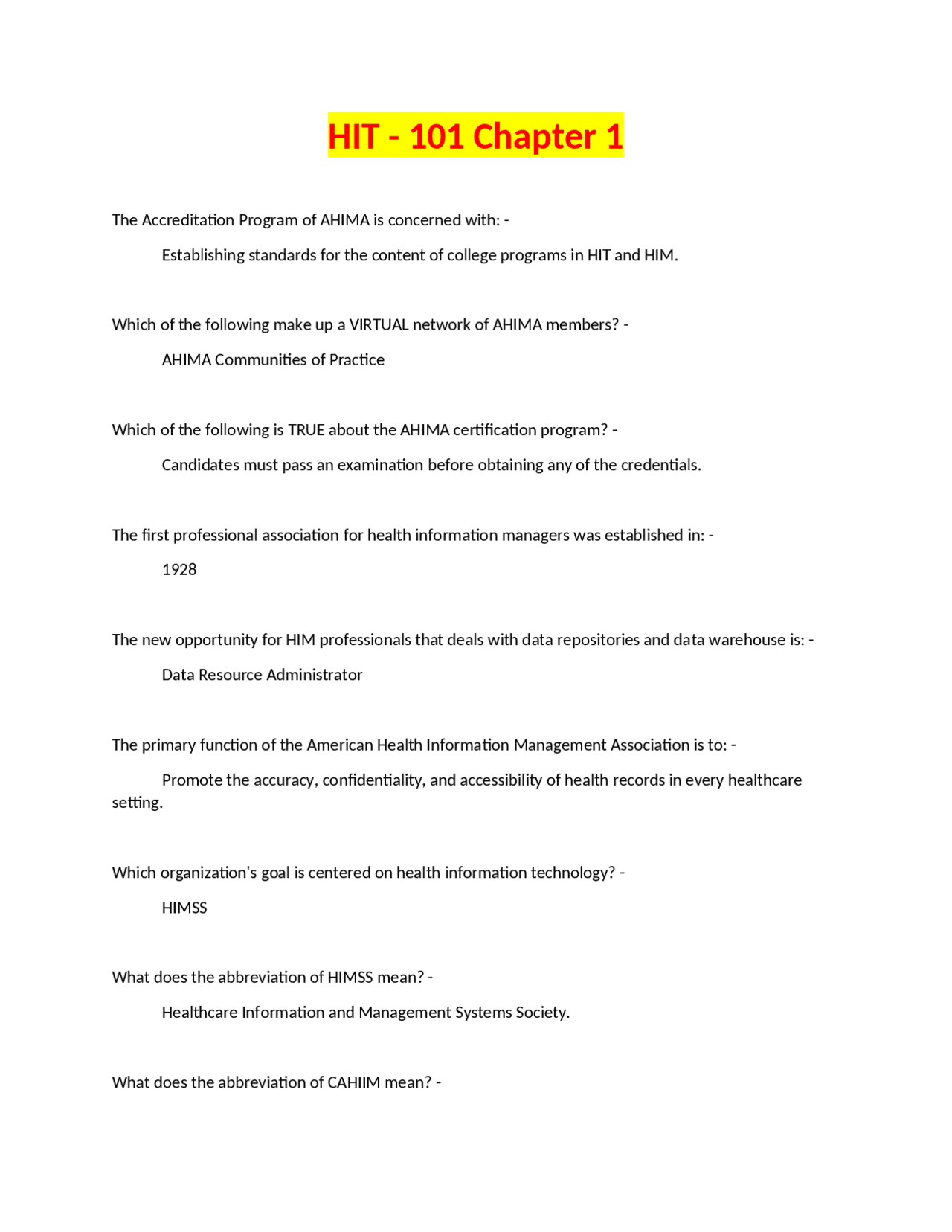 HIT - 101 Chapter 1 HIT - 101 Chapter 1 | Exams Nursing | Docsity