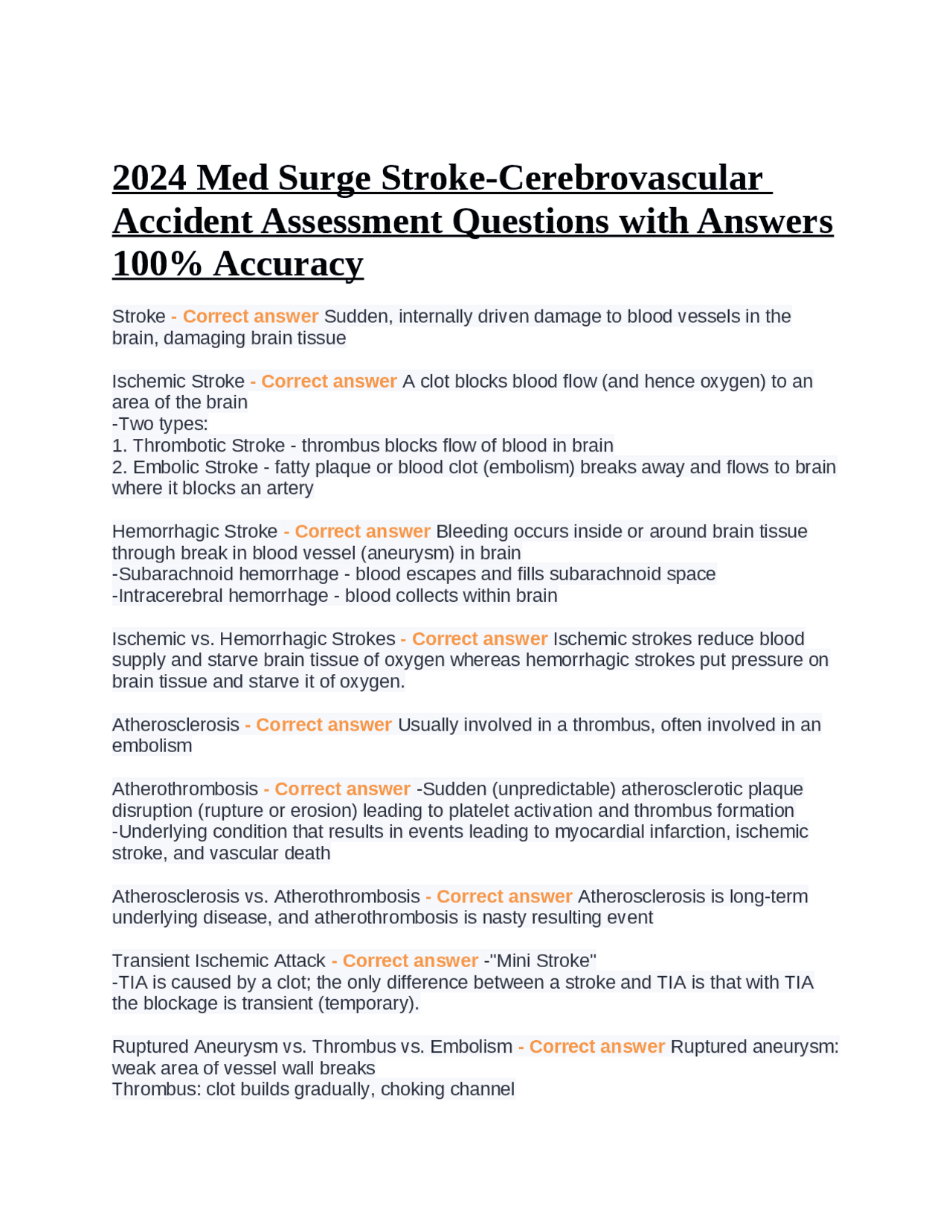 2024 Med Surge Stroke-Cerebrovascular Accident Assessment Questions ...