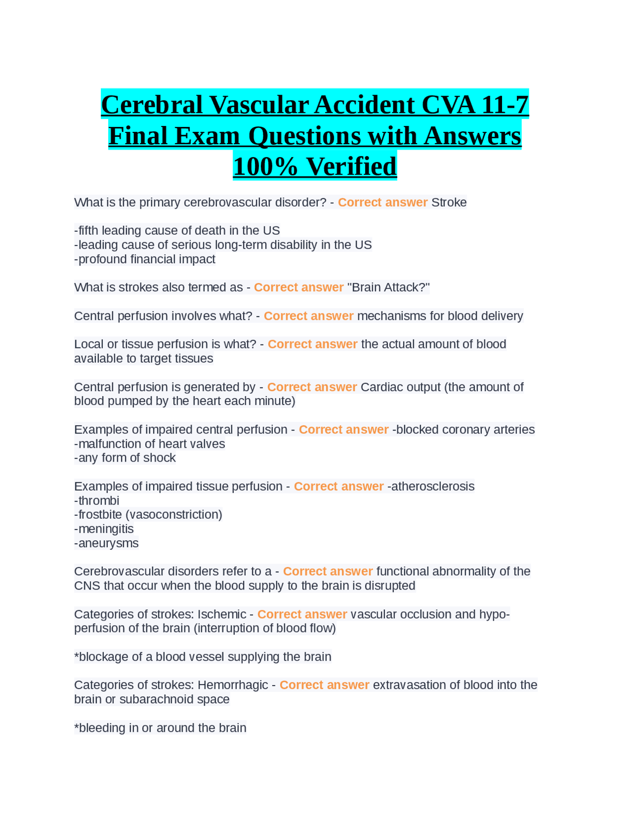 Cerebral Vascular Accident CVA 11-7 Final Exam Questions with Answers ...