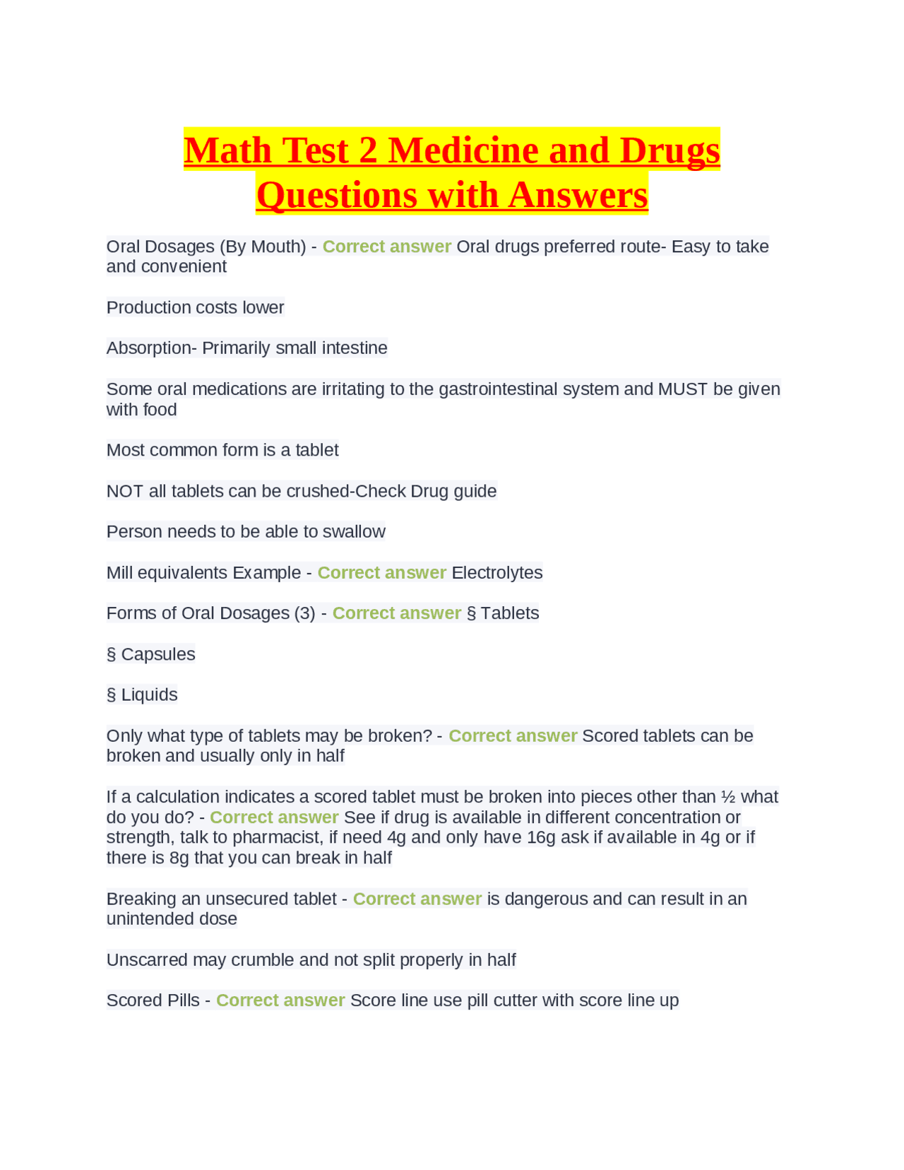 Math Test 2 Medicine and Drugs Questions with Answers | Exams Medicine ...