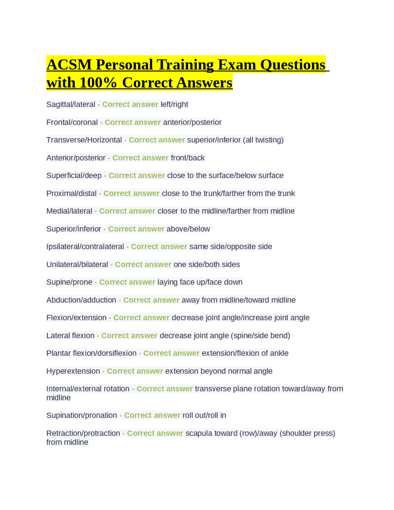 ACSM Personal Training Exam Questions with 100% Correct Answers | Exams ...