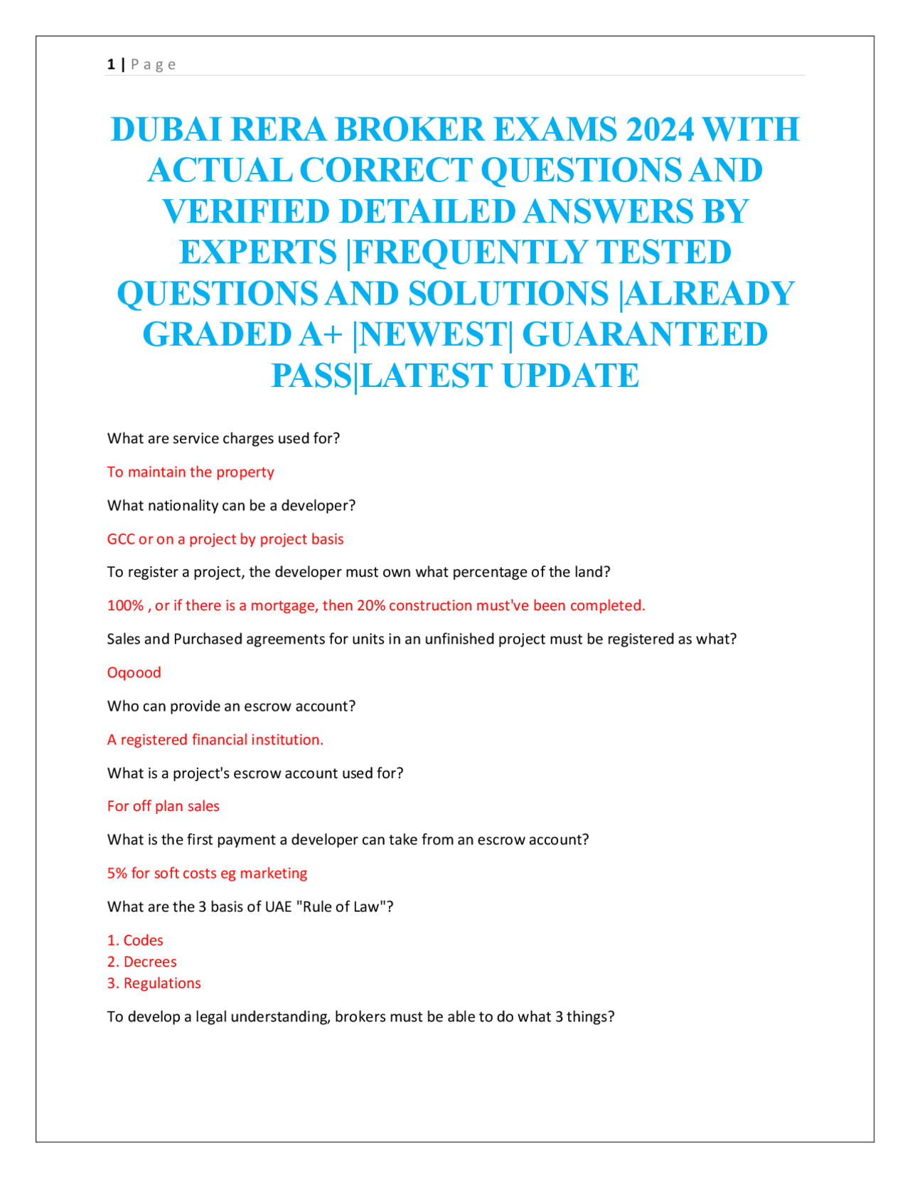 DUBAI RERA BROKER EXAMS 2024 | Exams Nursing | Docsity