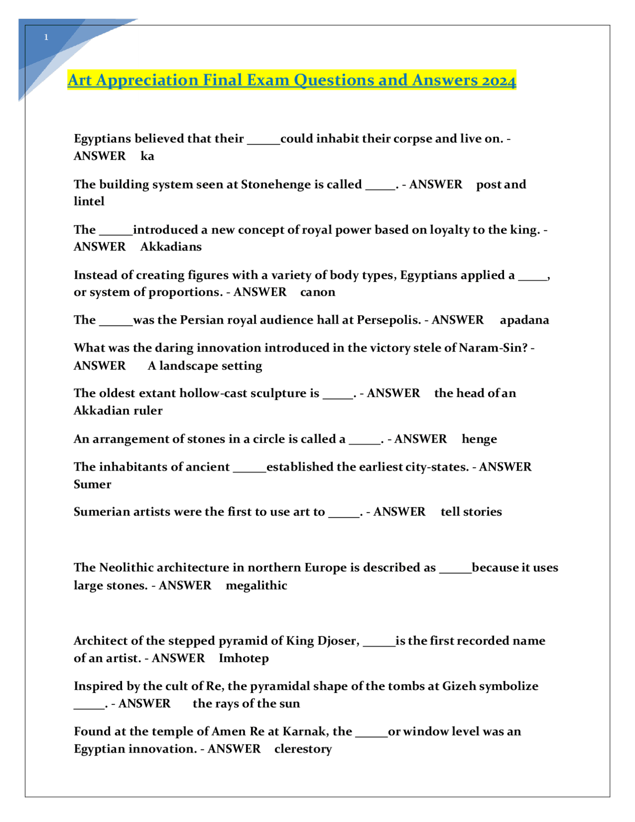 Art Appreciation Final Exam Questions and Answers 2024 | Exams Art ...