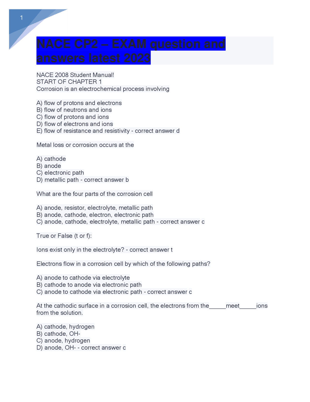 NACE CP2 – EXAM question and answers latest 2023-2024 Graded A+ | Exams ...