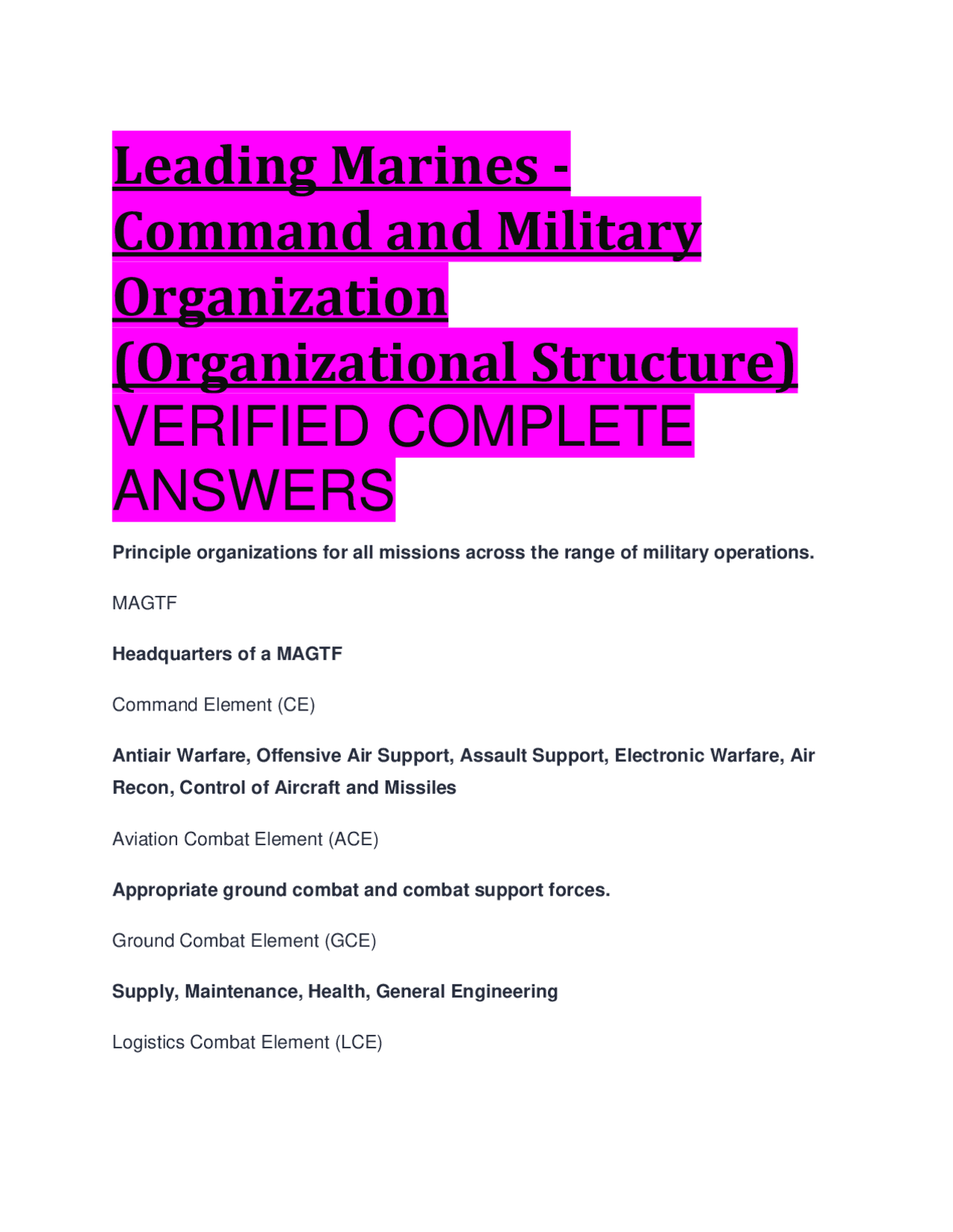 Leading Marines - Command and Military Organization (Organizational Structure) VERIFIED CO ...