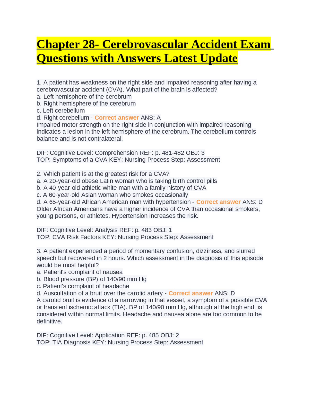 Chapter 28- Cerebrovascular Accident Exam Questions with Answers Latest ...