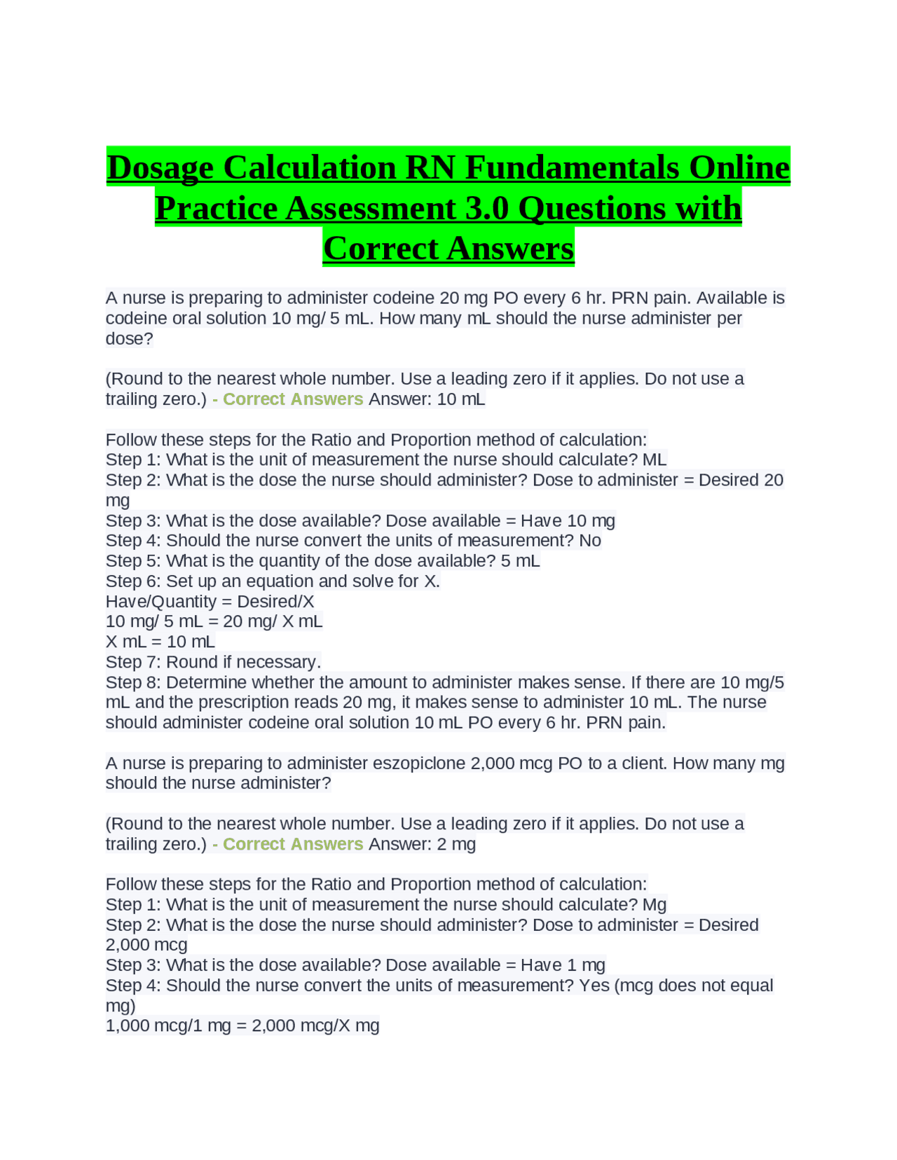 Dosage Calculation RN Fundamentals Online Practice Assessment 3.0 ...