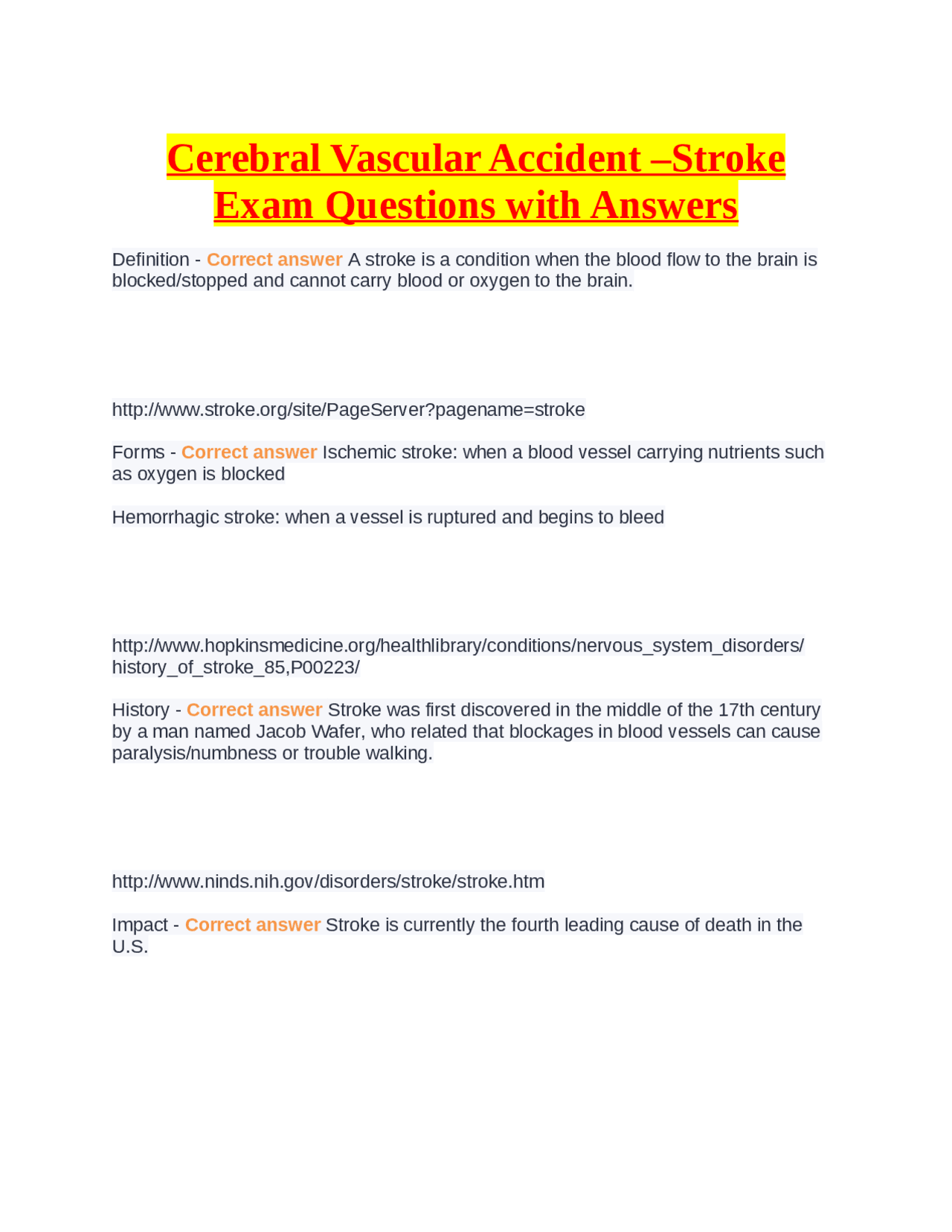 Cerebral Vascular Accident –Stroke Exam Questions with Answers | Exams ...