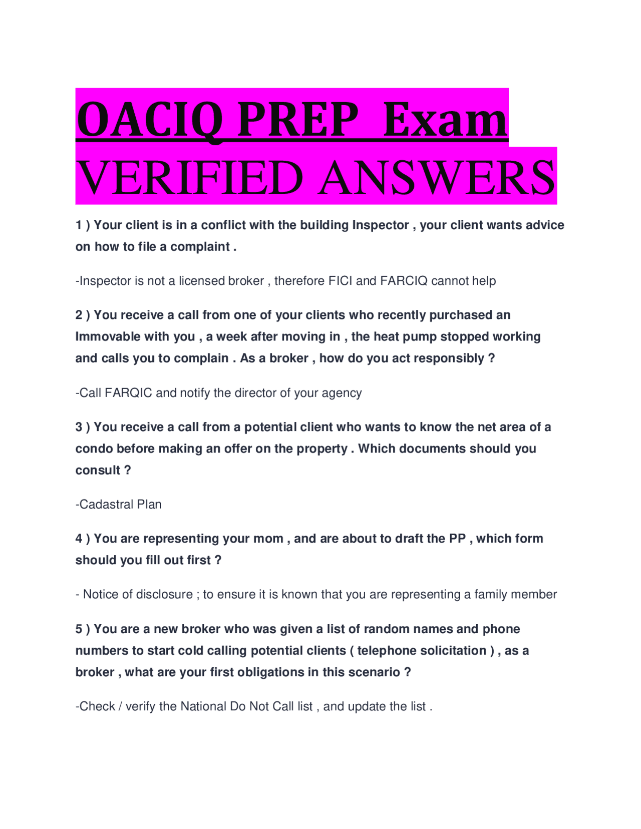 OACIQ PREP Exam VERIFIED ANSWERS | Exams Business Administration | Docsity