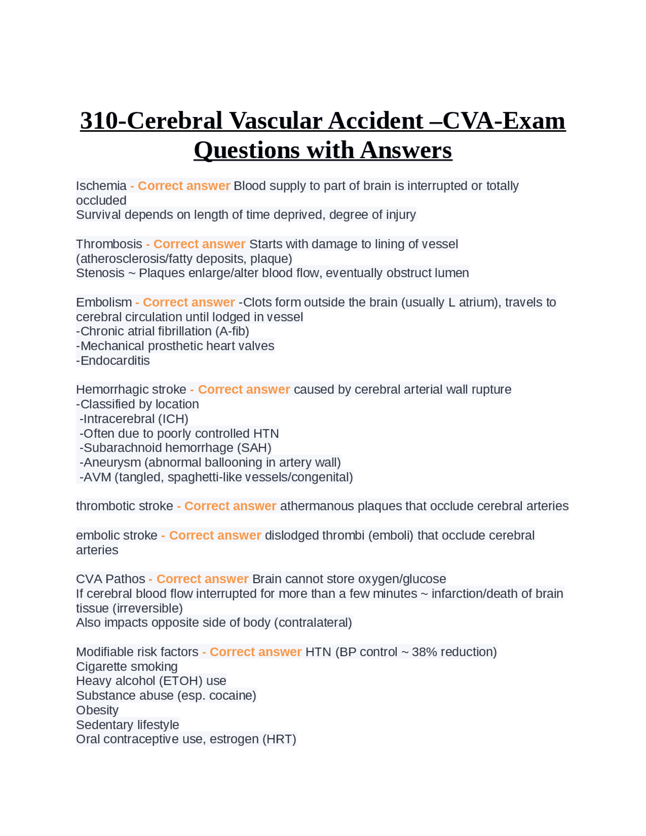 310-Cerebral Vascular Accident –CVA-Exam Questions with Answers | Exams ...