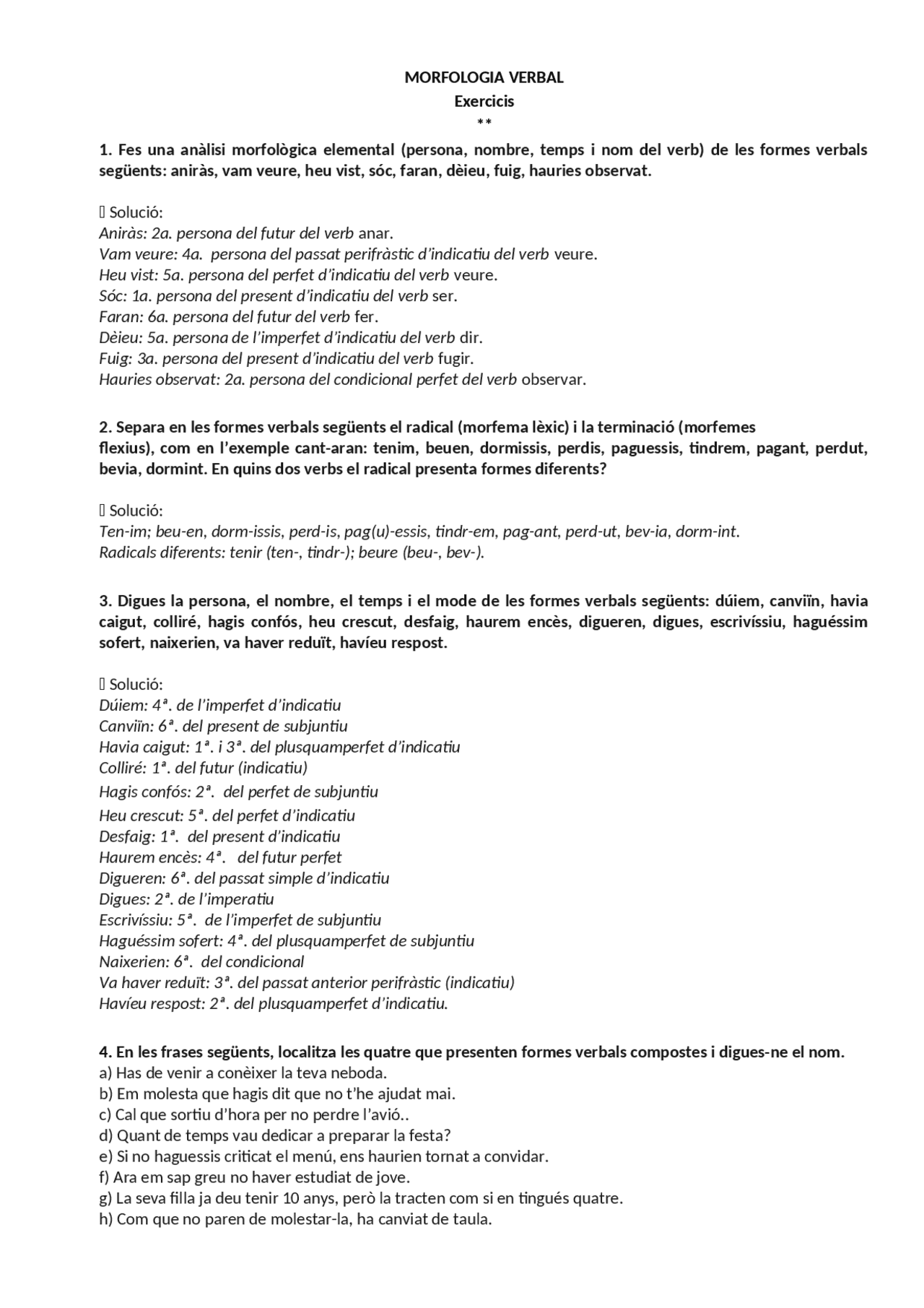 Morfologia Verbal - Català. | Ejercicios de Catalán | Docsity