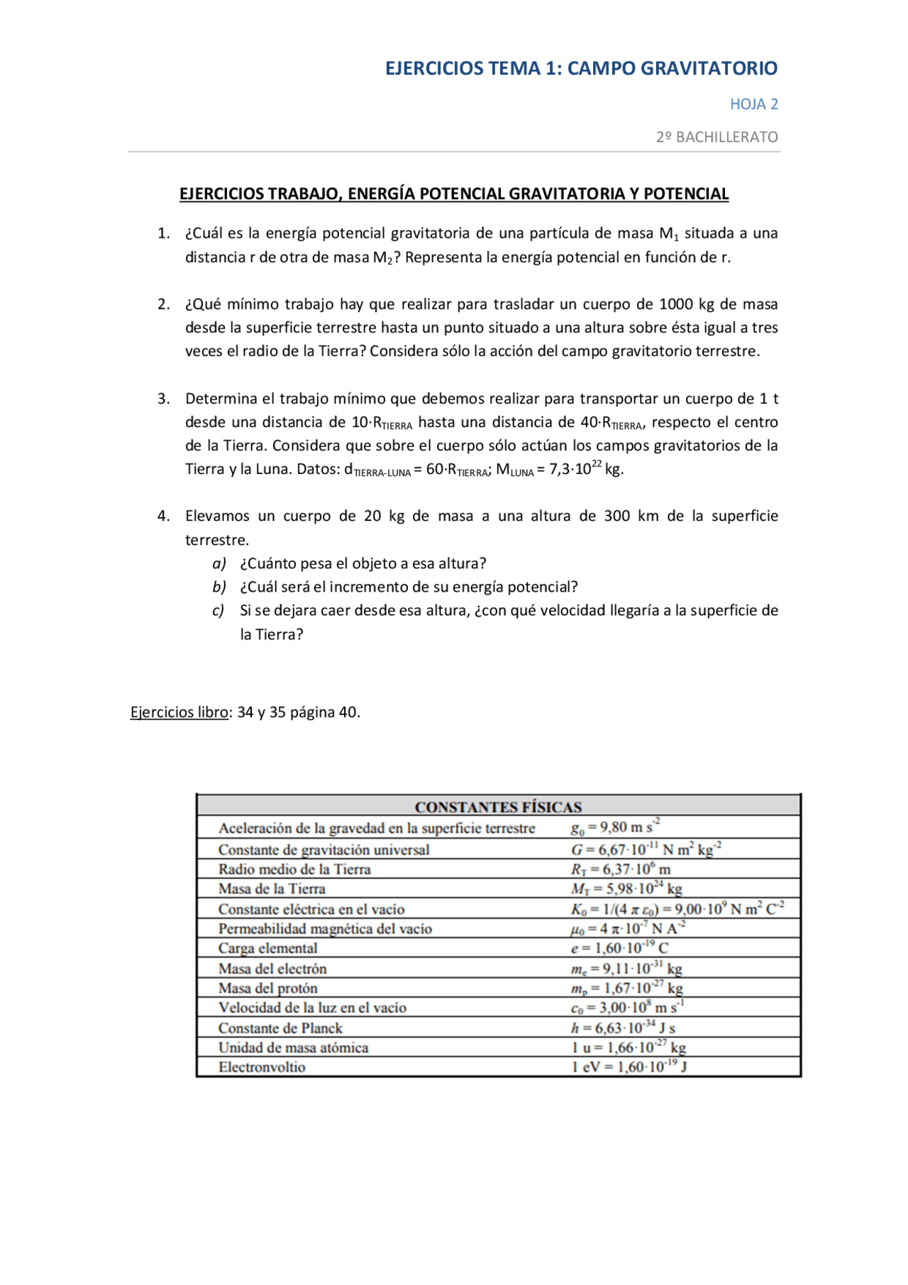 EJERCICIOS TRABAJO, ENERGÍA POTENCIAL GRAVITATORIA... | Ejercicios de Física | Docsity