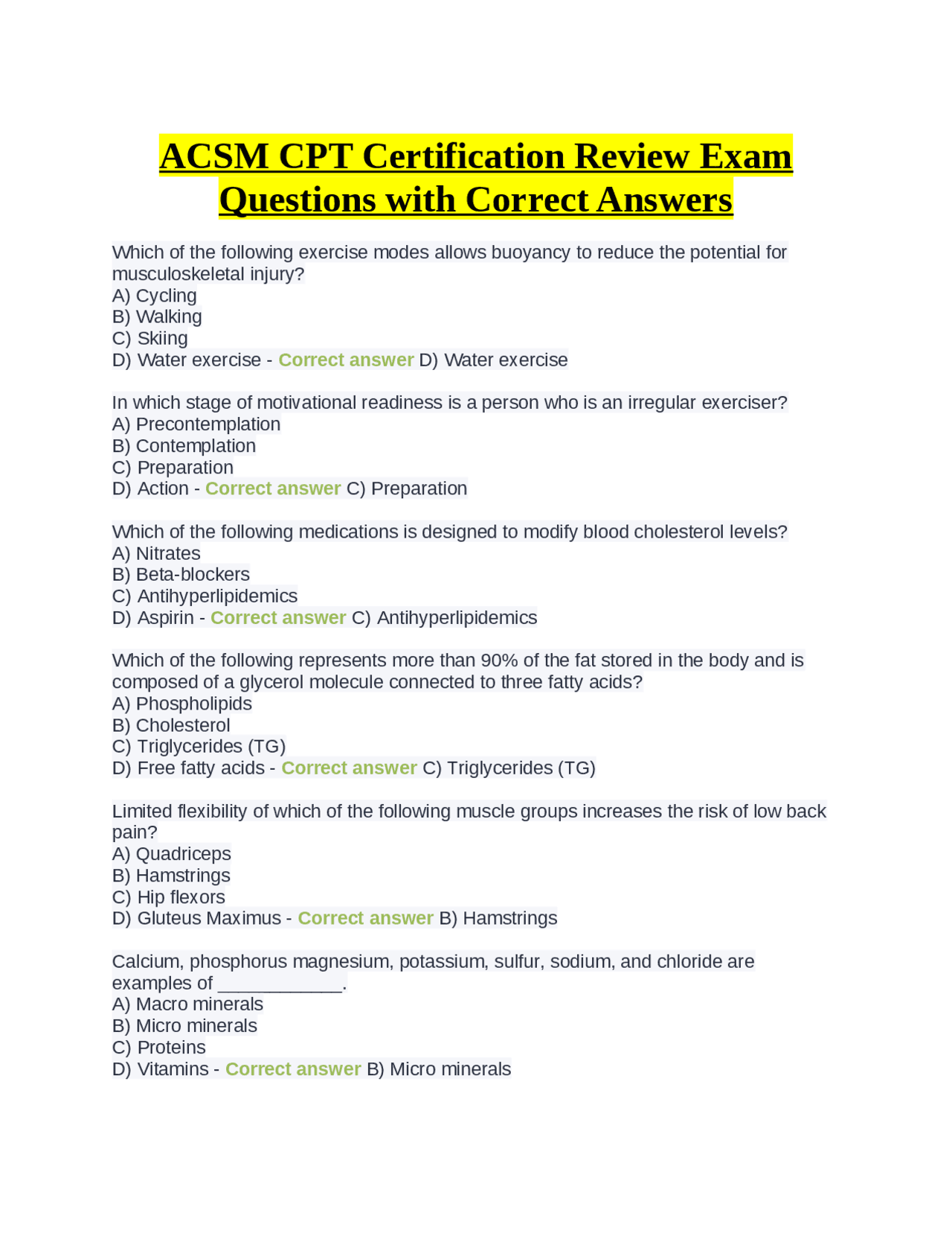 ACSM CPT Certification Review Exam Questions with Correct Answers ...