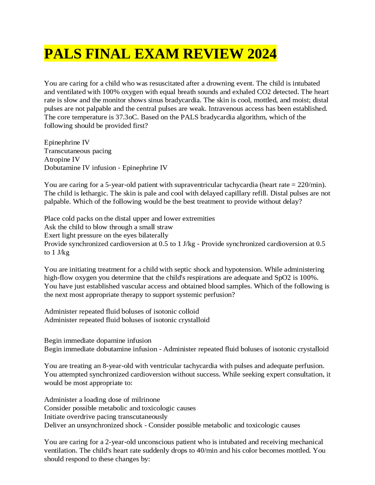 PALS FINAL EXAM REVIEW 2024 | Exams Nursing | Docsity