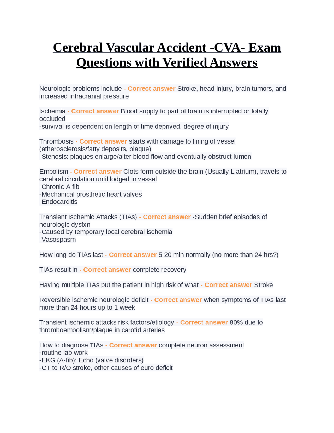 Cerebral Vascular Accident -CVA- Exam Questions with Verified Answers ...