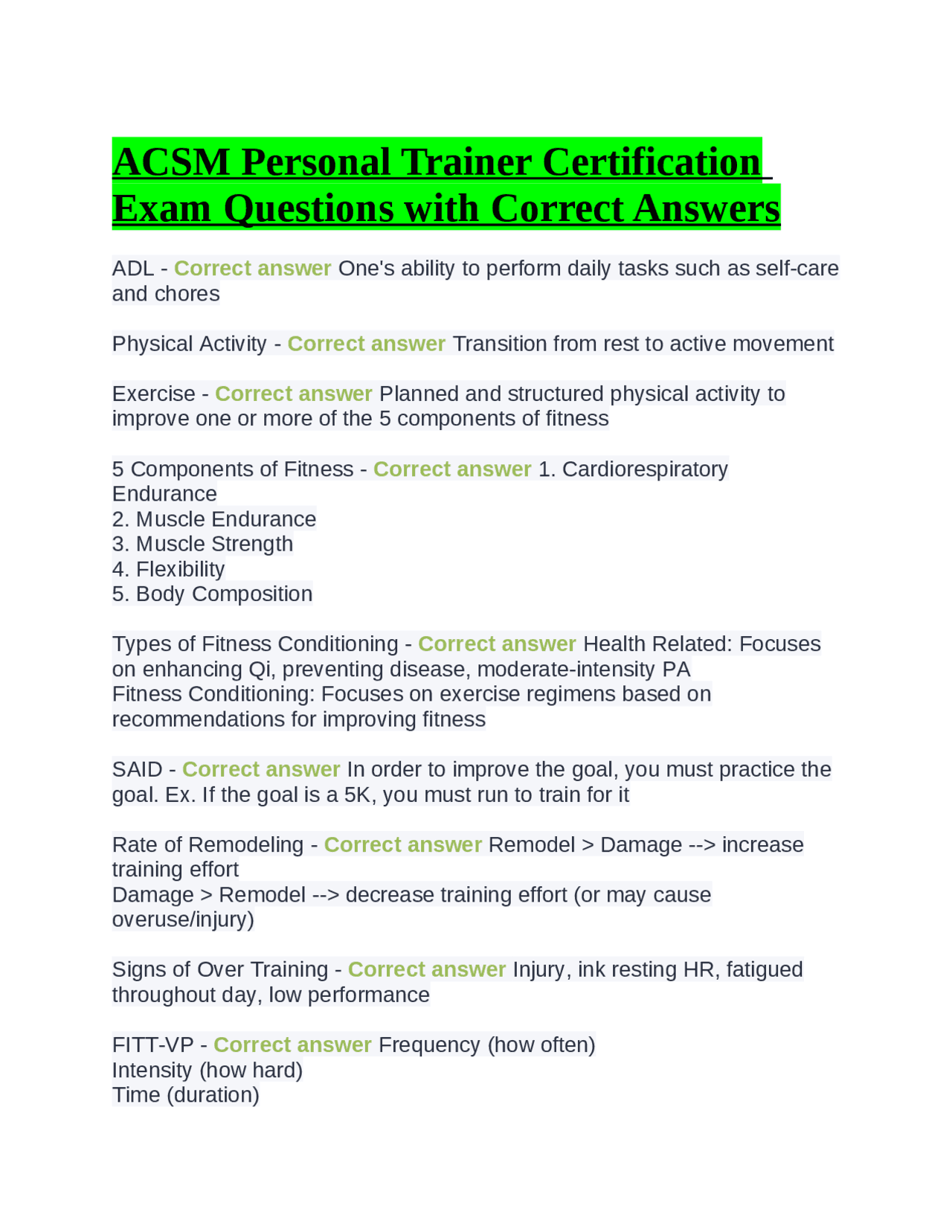ACSM Personal Trainer Certification Exam Questions and Answers | Exams ...