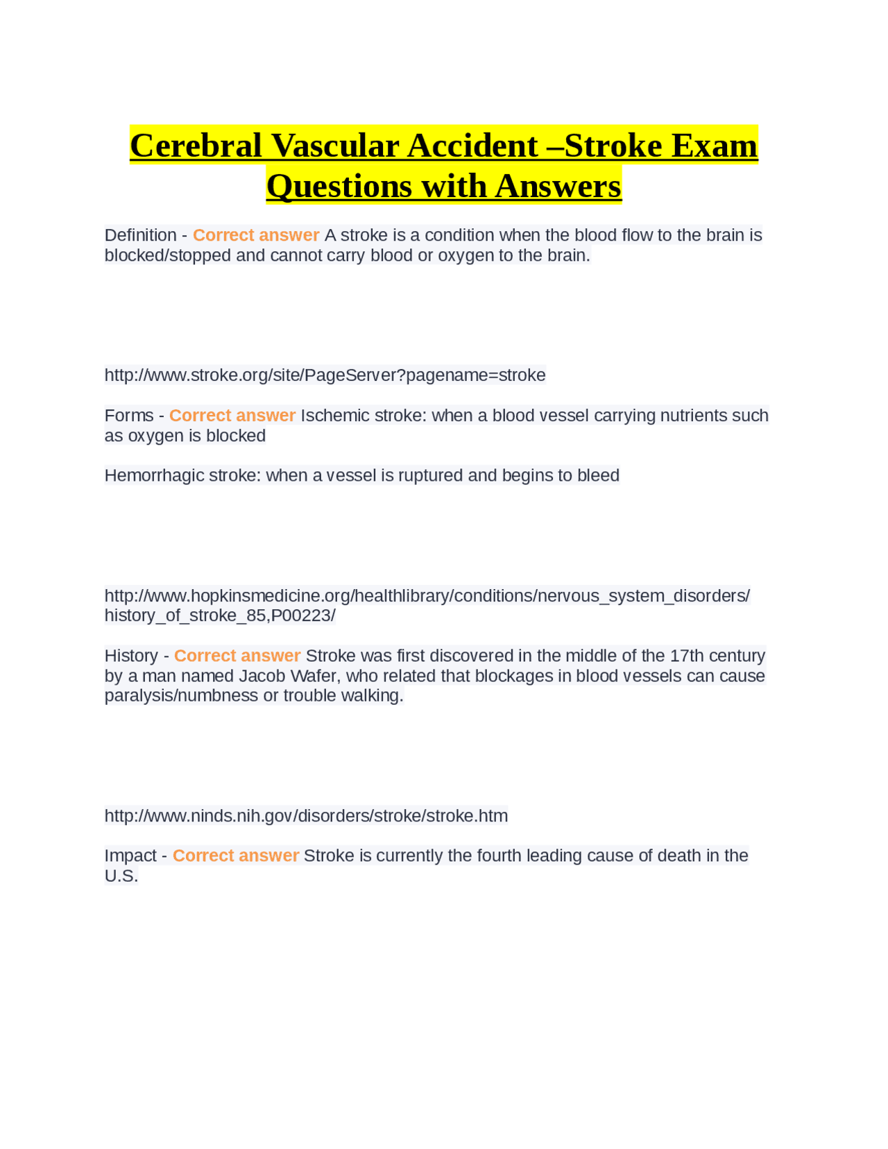 Cerebral Vascular Accident –Stroke Exam Questions with Answers | Exams ...