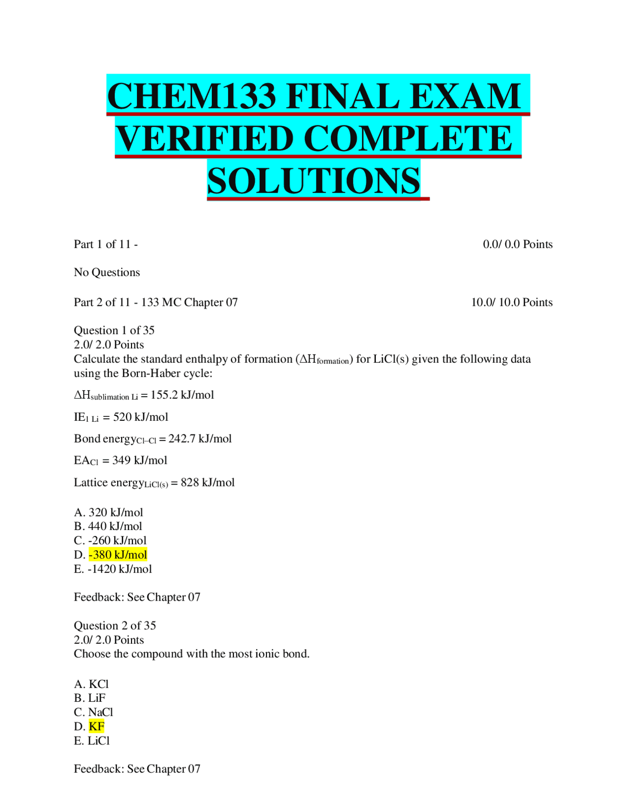 CHEM133 FINAL EXAM VERIFIED COMPLETE SOLUTIONS | Exams Chemistry | Docsity
