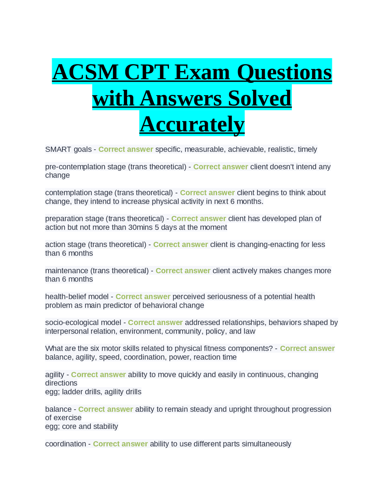 ACSM CPT Exam Questions with Answers Solved Accurately | Exams Nursing ...