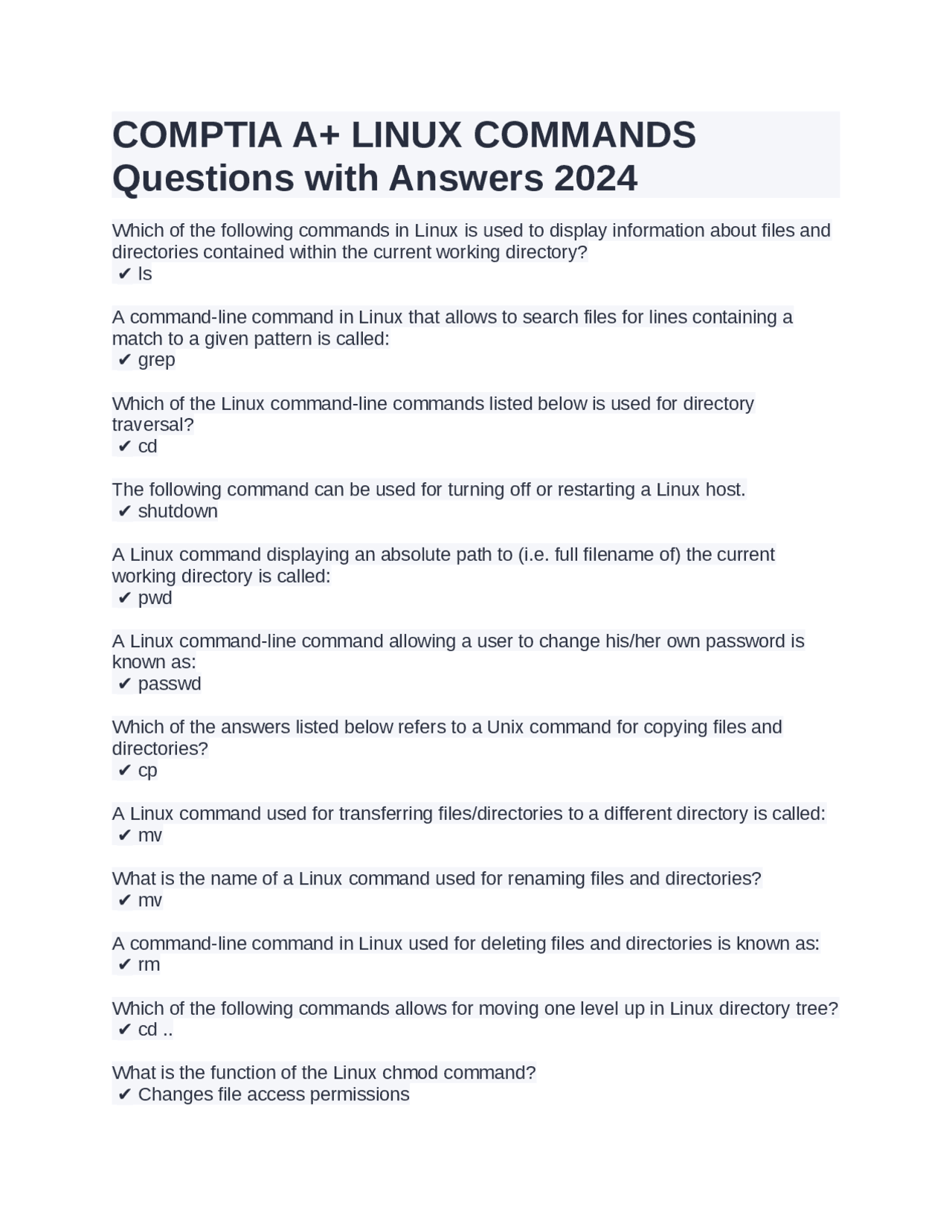 COMPTIA A+ LINUX COMMANDS Questions with Answers 2024 | Exams Computer Science | Docsity