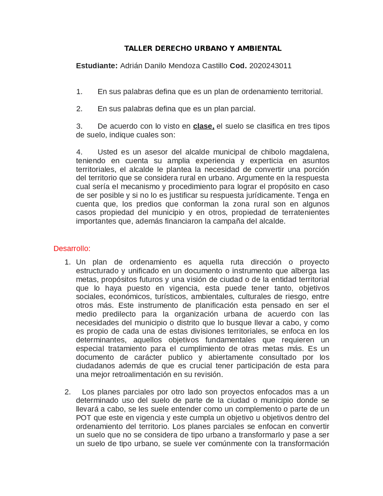 definición de POT, Plan parcial y tipos de suelos. | Ejercicios de Derecho | Docsity