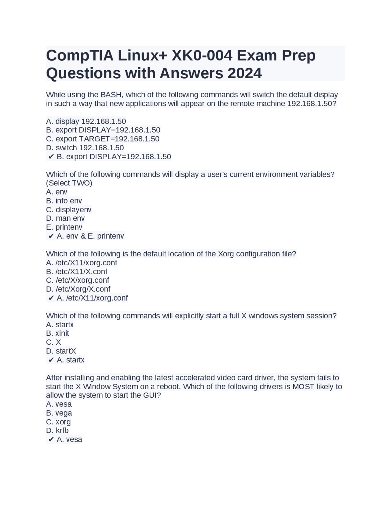 CompTIA Linux+ XK0-004 Exam Prep Questions with Answers 2024 | Exams Medicine | Docsity