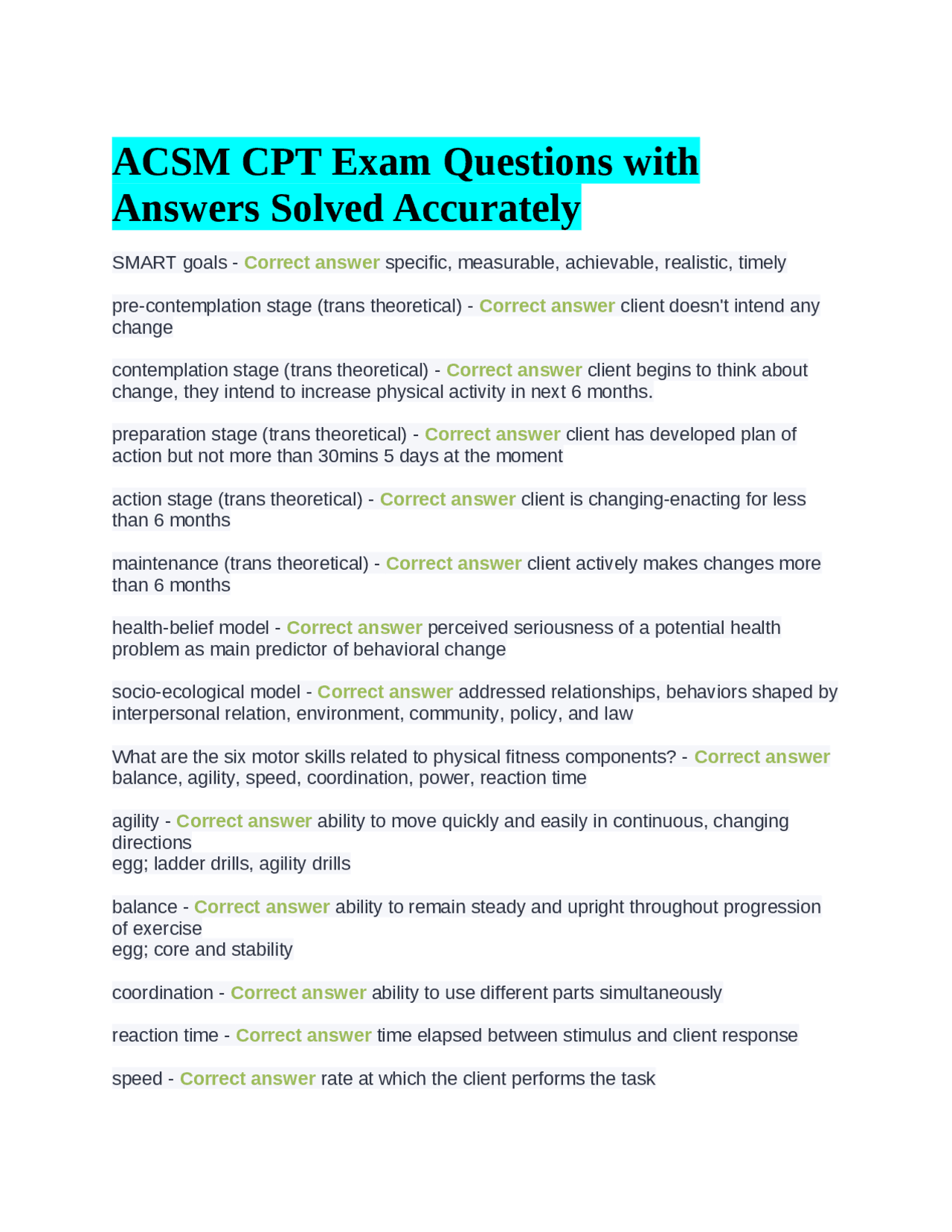 ACSM CPT Exam Questions with Answers Solved Accurately | Exams Nursing ...