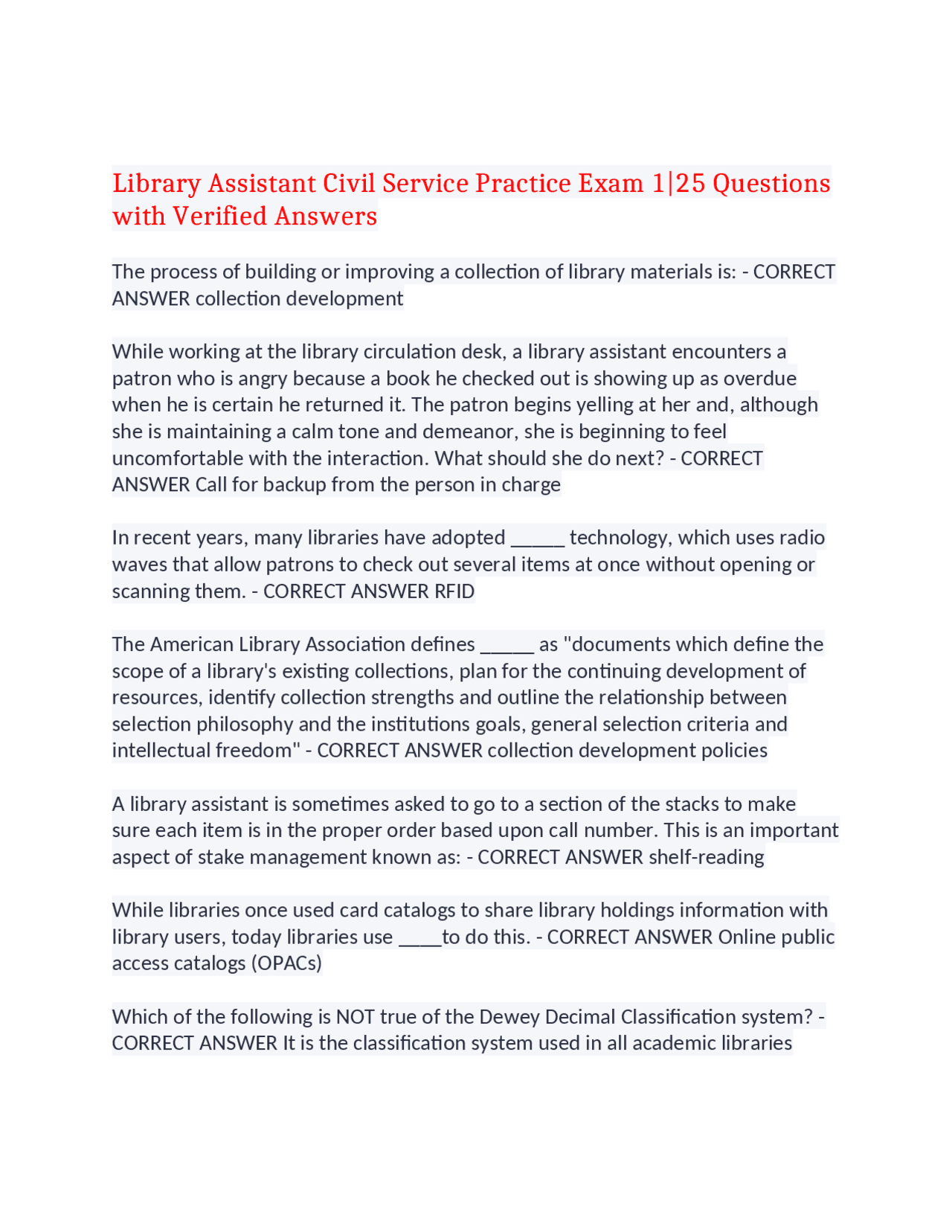 Library Assistant Civil Service Practice Exam 1|25 Questions with ...