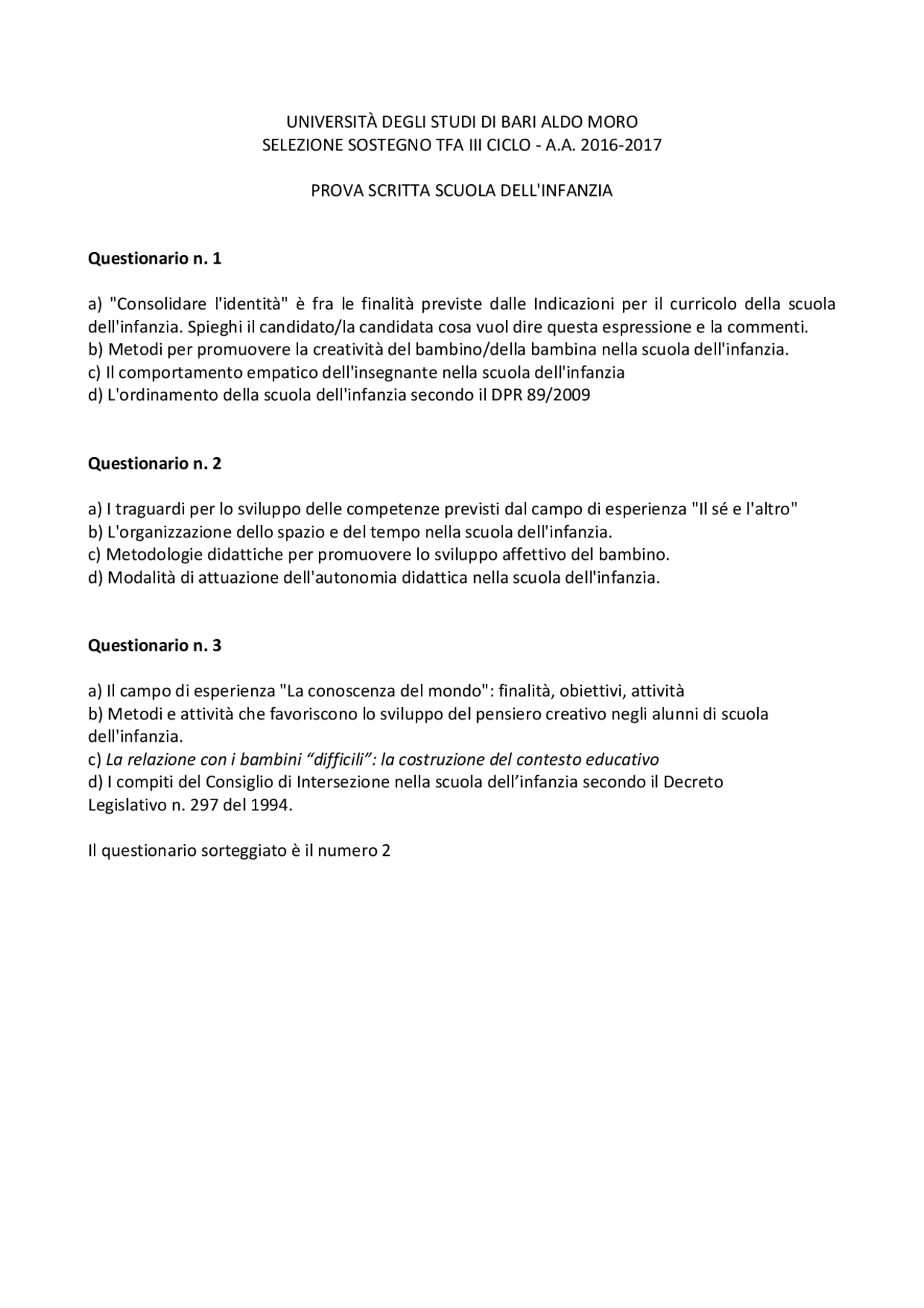 test prova scritta infanzia | Prove d'esame di TFA Sostegno | Docsity