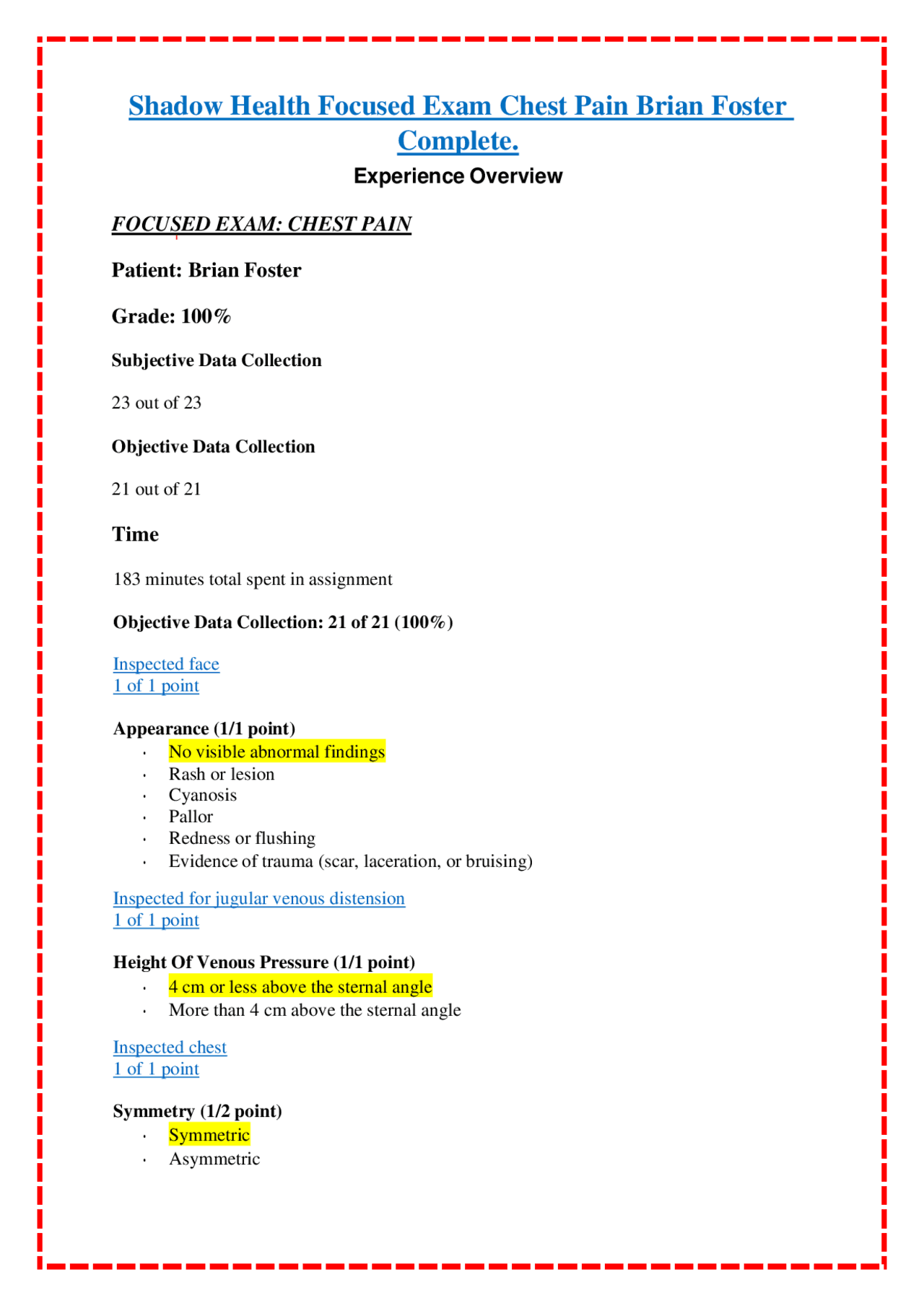 Shadow Health Focused Exam Chest Pain Brian Foster Complete. | Exams ...
