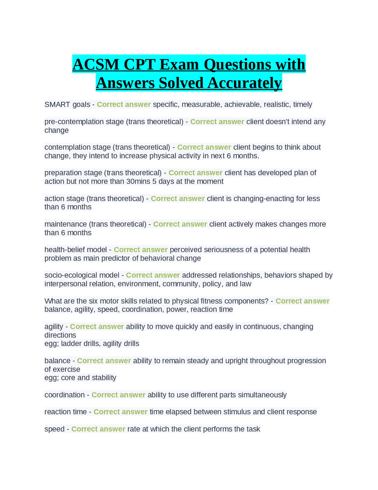 ACSM CPT Exam Questions with Answers Solved Accurately | Exams Nursing ...