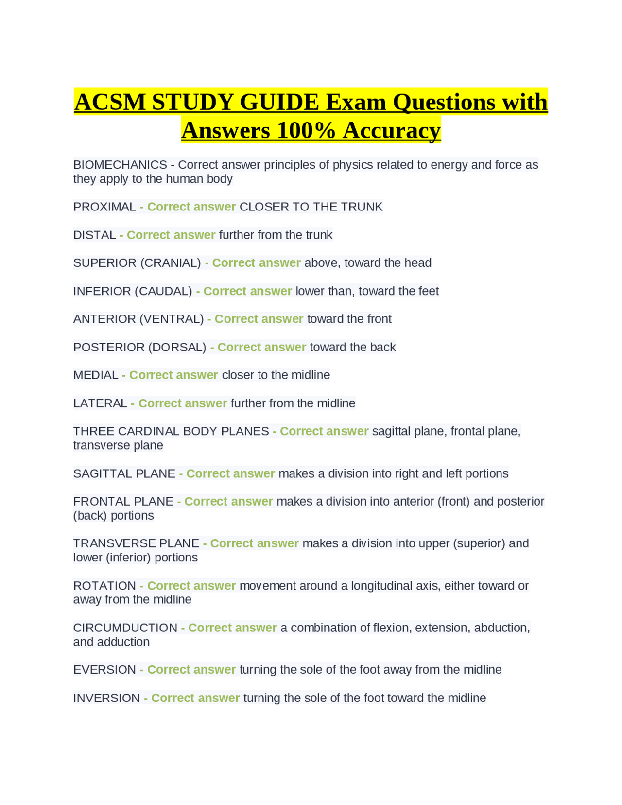 ACSM STUDY GUIDE Exam Questions with Answers 100% Accuracy | Exams ...