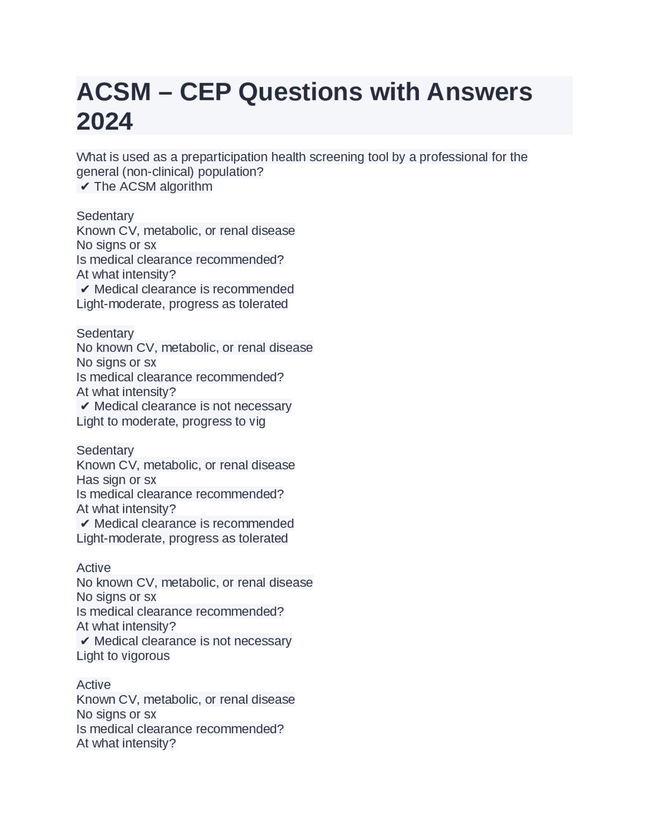 ACSM – CEP Questions with Answers 2024 | Exams Medicine | Docsity