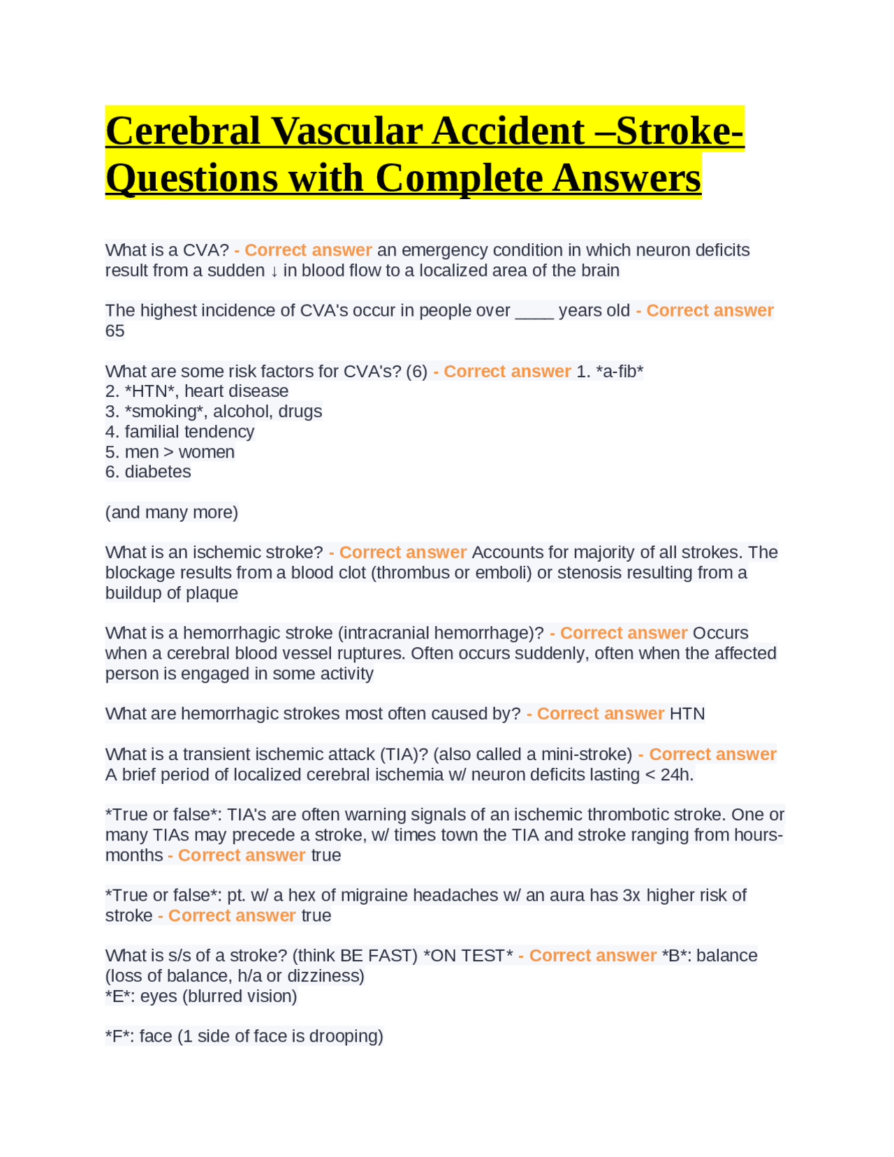Cerebral Vascular Accident –Stroke-Questions with Complete Answers ...