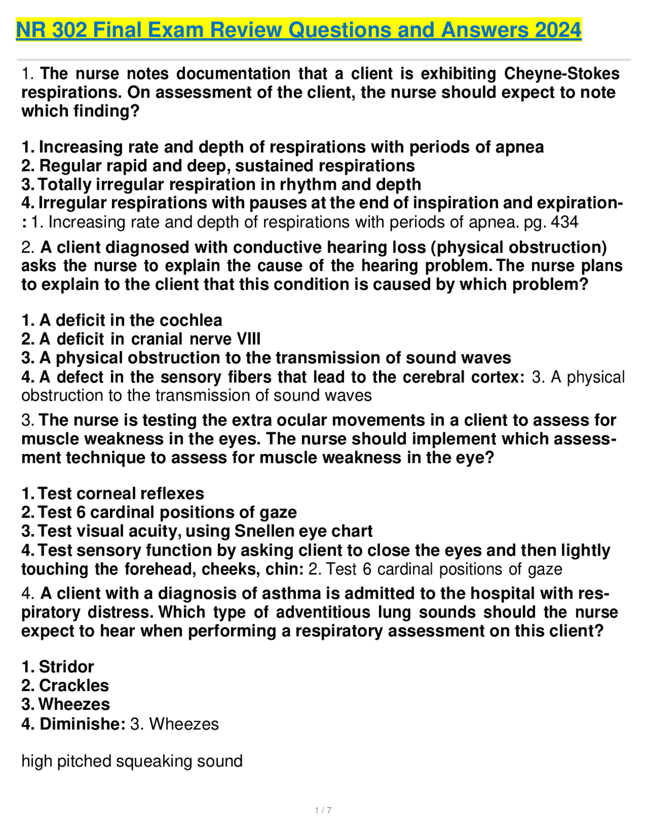NR 302 Final Exam Review Questions and Answers 2024 | Exams Nursing | Docsity