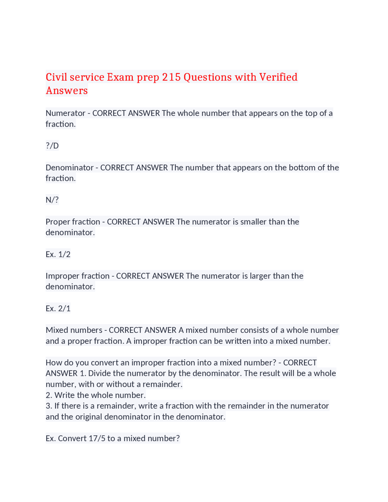 Civil service Exam prep 215 Questions with Verified Answers,100% ...