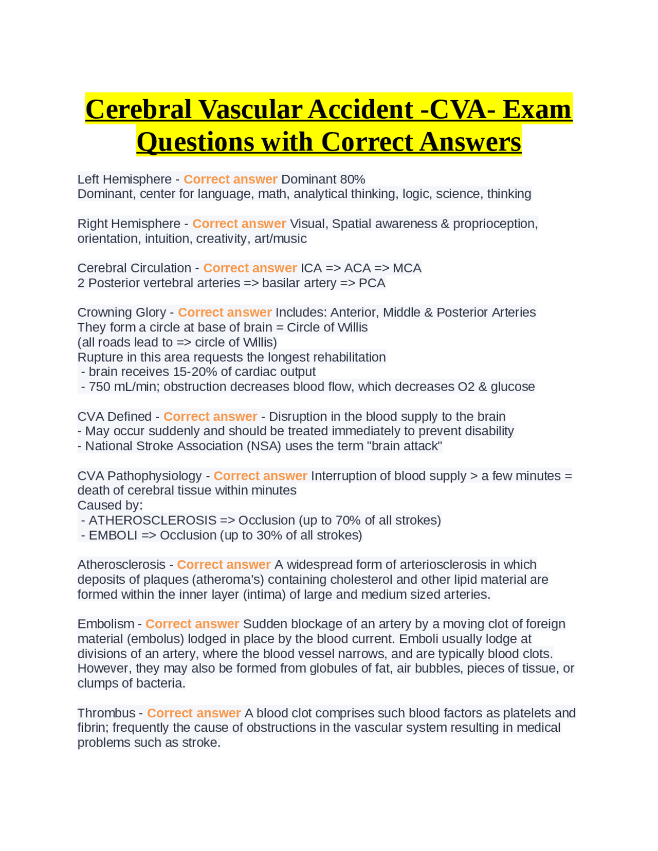 Cerebral Vascular Accident -CVA- Exam Questions with Correct Answers ...