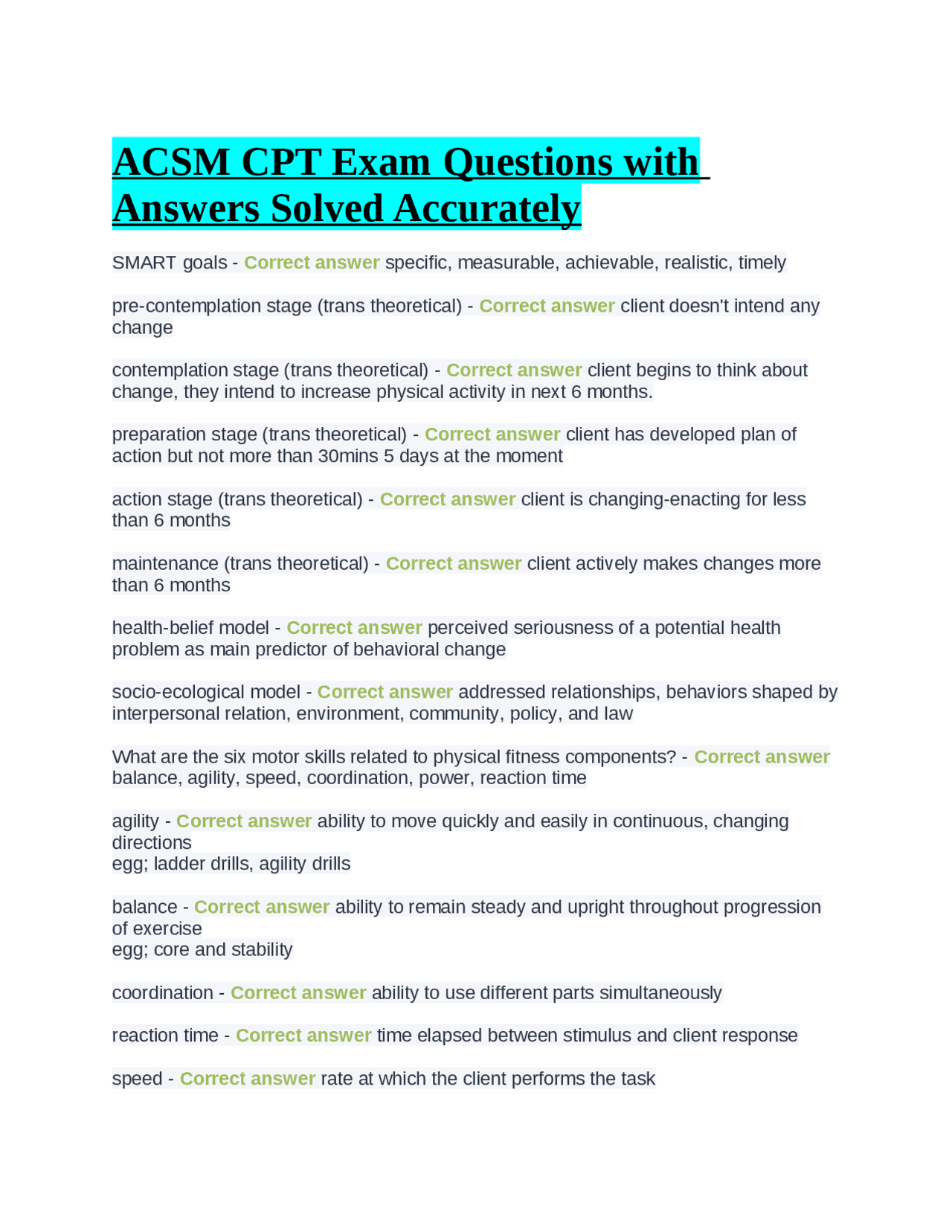 ACSM CPT Exam Questions with Answers Solved Accurately | Exams Nursing ...
