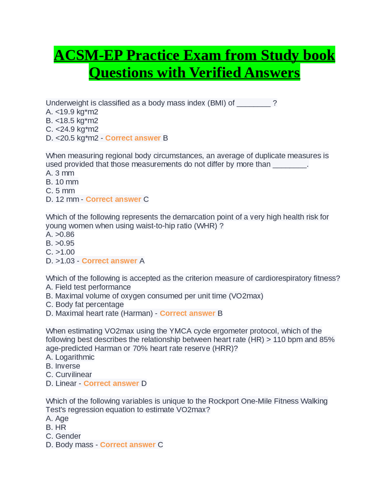 ACSM-EP Practice Exam from Study book Questions with Verified Answers ...