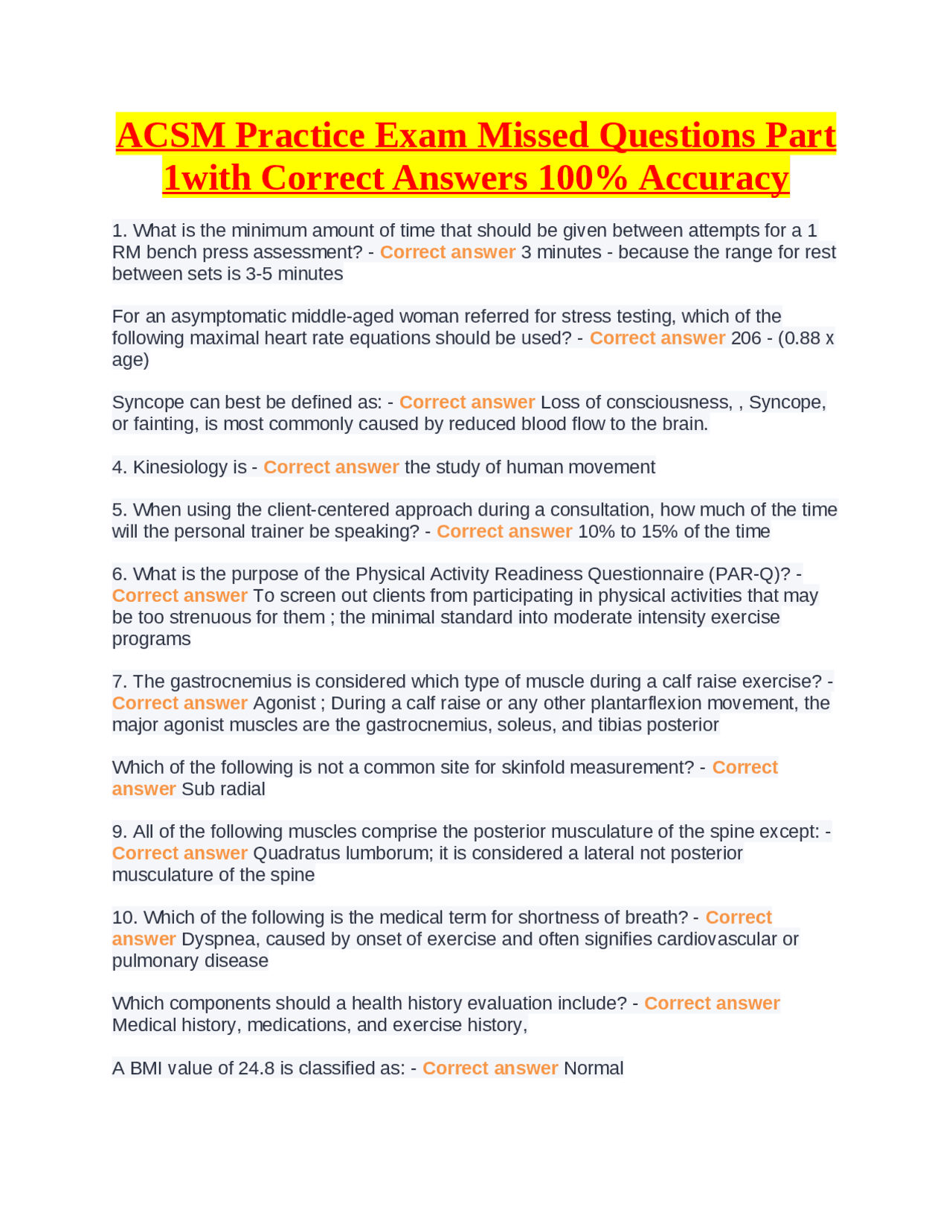 ACSM Practice Exam Missed Questions Part 1with Correct Answers 100% ...