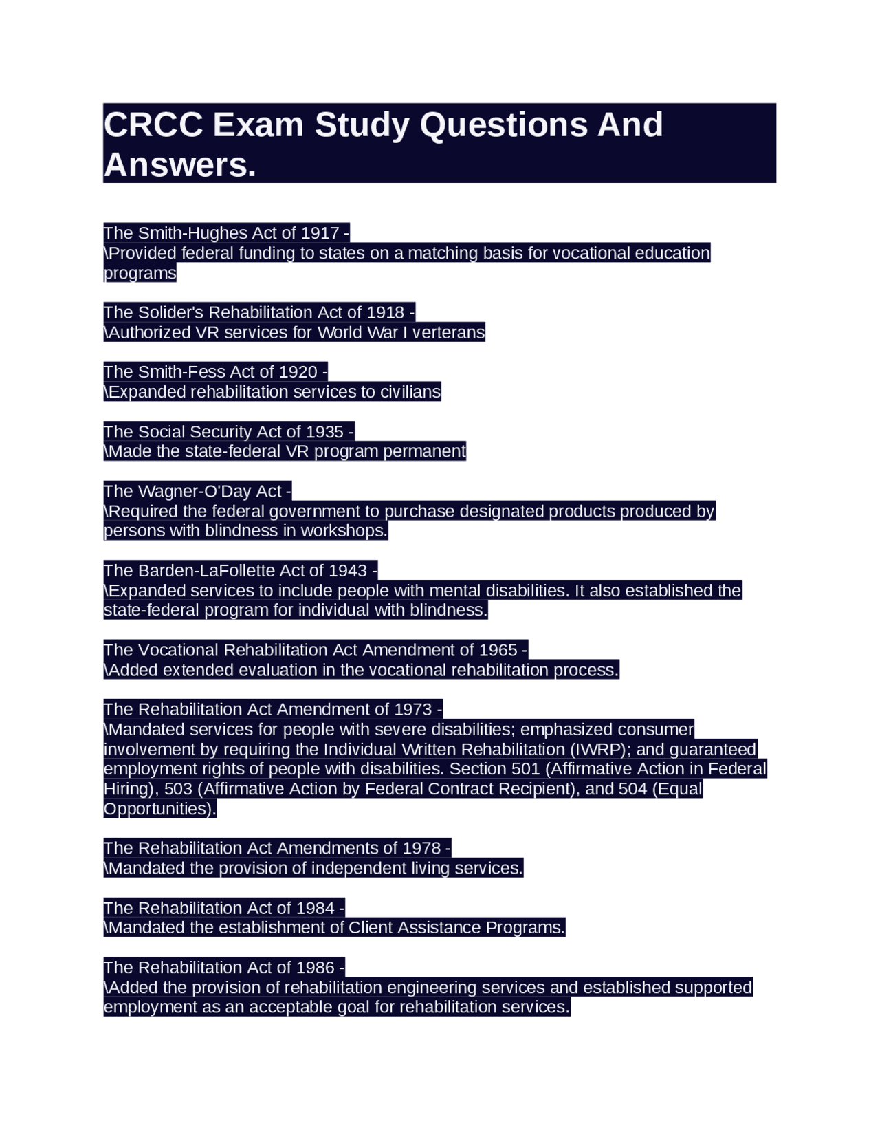 CRCC Exam Study Questions And Answers. | Exams Health sciences | Docsity