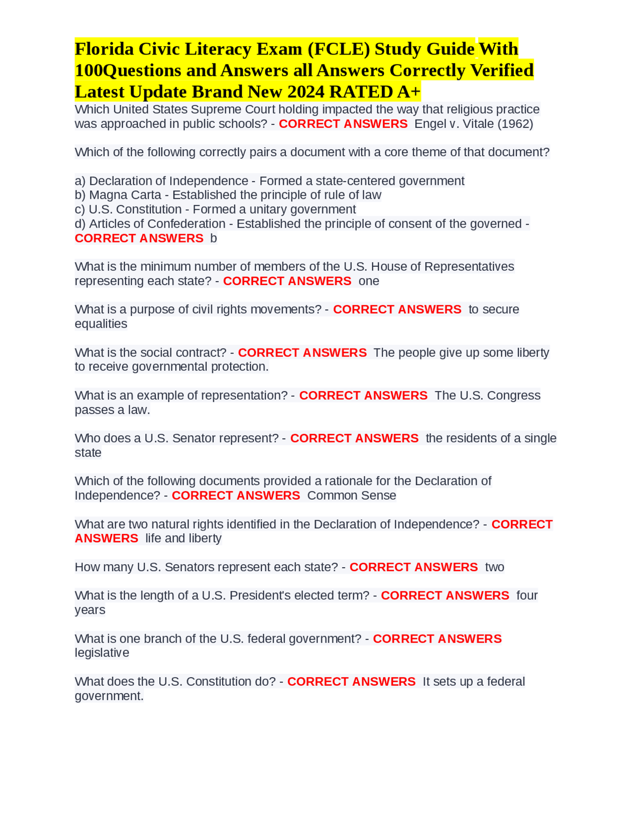 Florida Civic Literacy Exam (FCLE) Study Guide: 100 Questions and ...