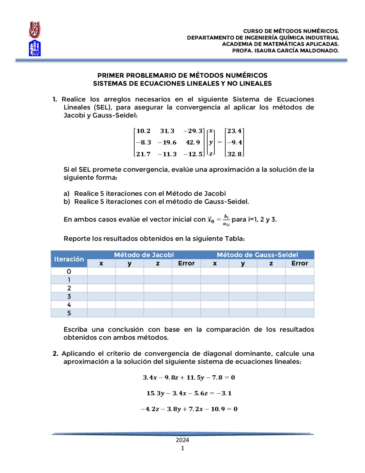 problemario 1 de métodos numéricos | Ejercicios de Métodos Numéricos | Docsity