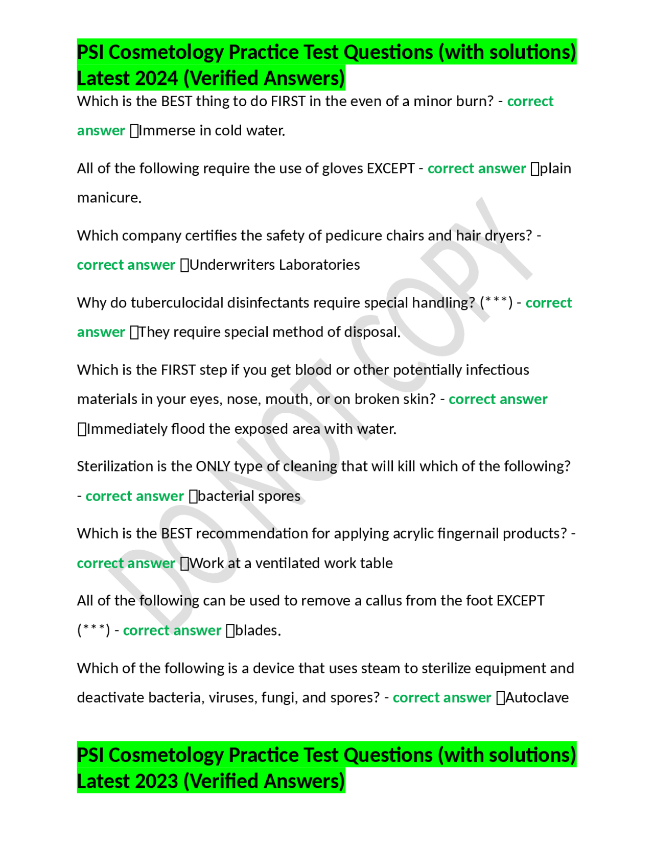 PSI Cosmetology Practice Test Questions with Solutions | Exams Nursing ...