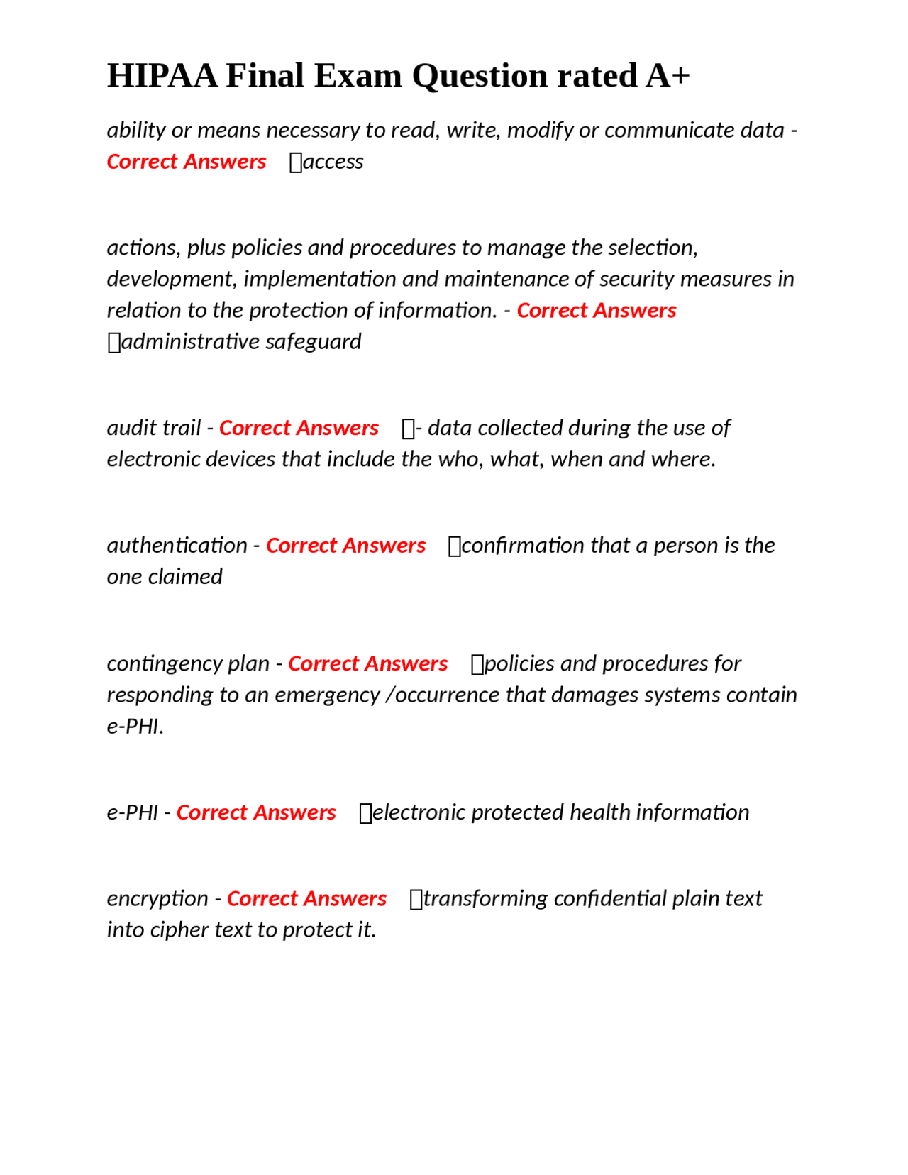 HIPAA Final Exam Question rated A+ | Exams Nursing | Docsity