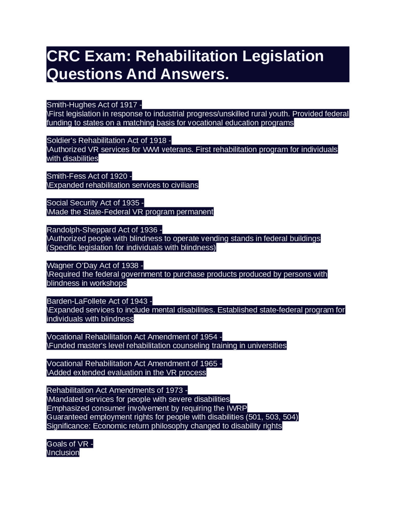 CRC Exam: Rehabilitation Legislation Questions And Answers. | Exams ...