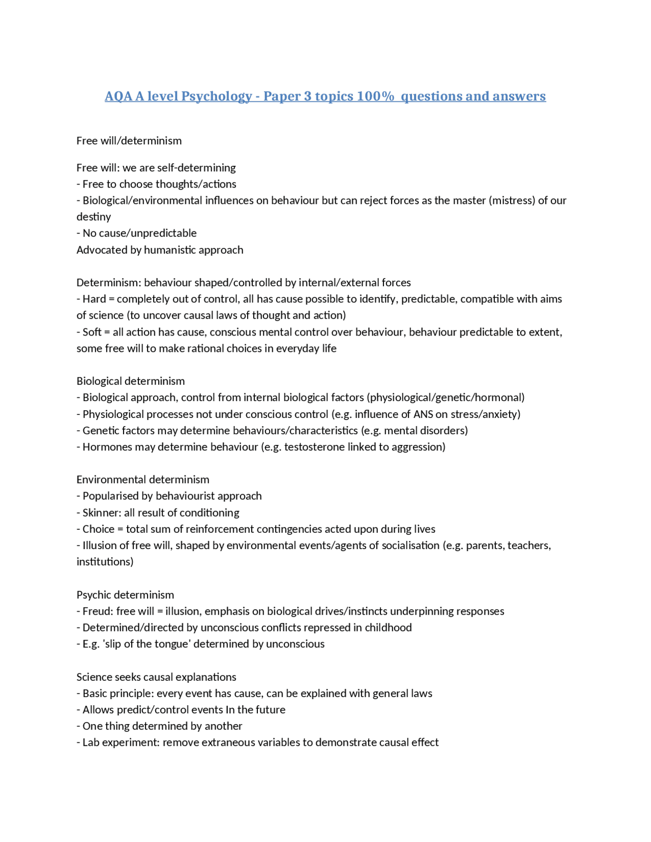 AQA A level Psychology - Paper 3 topics 100% questions and answers ...