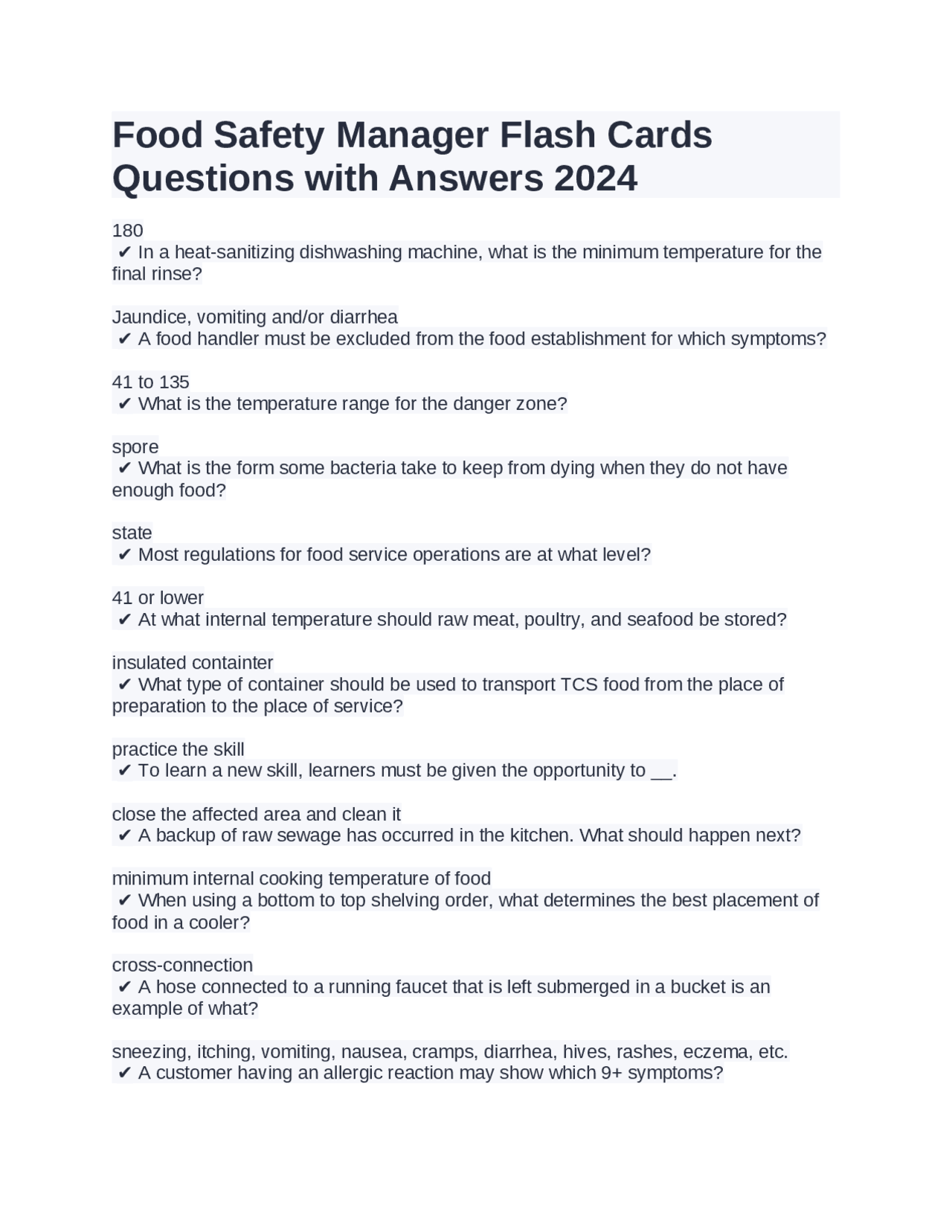 Food Safety Manager Flash Cards Questions with Answers 2024 | Exams ...