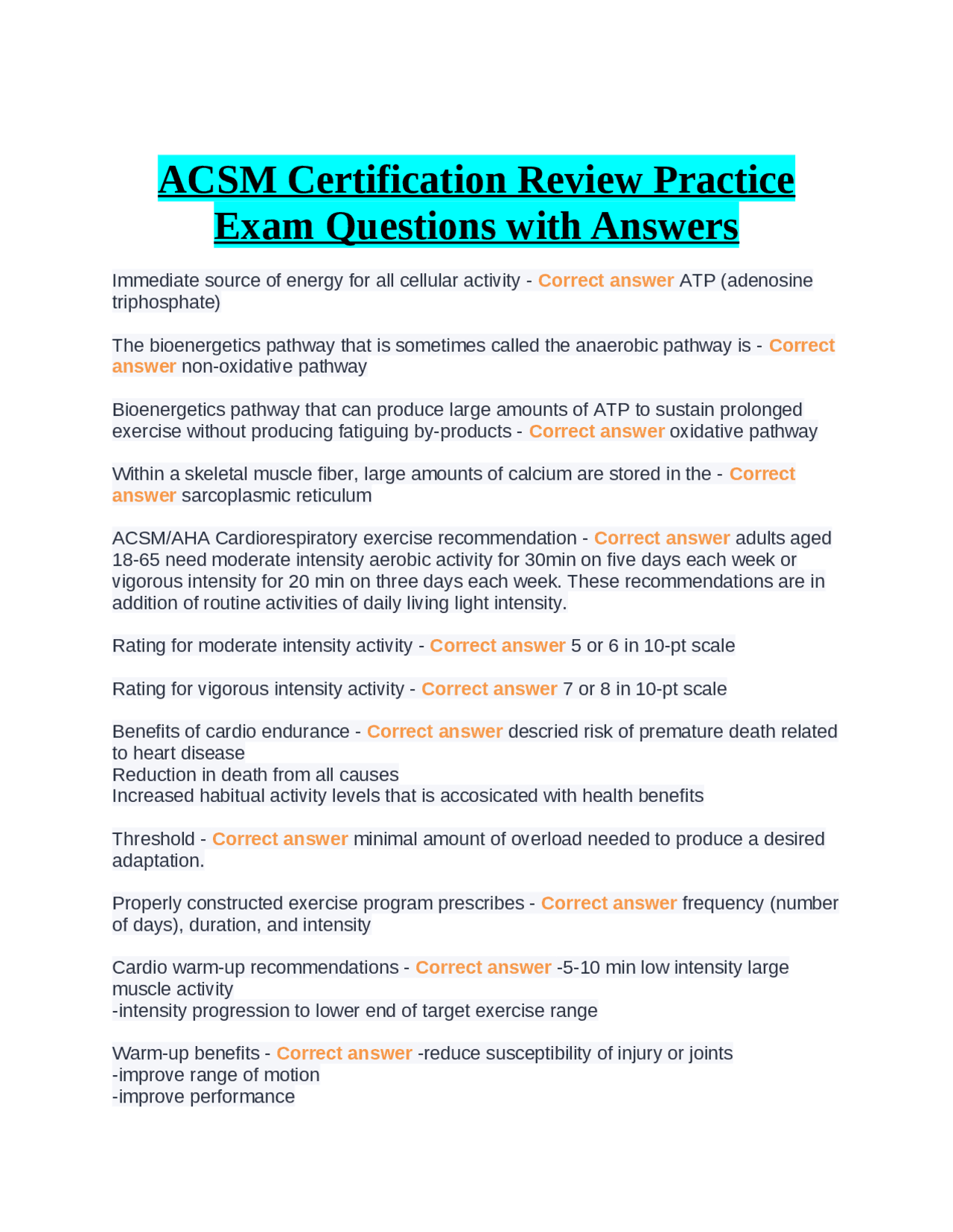 ACSM Certification Review Practice Exam Questions with Answers | Exams ...