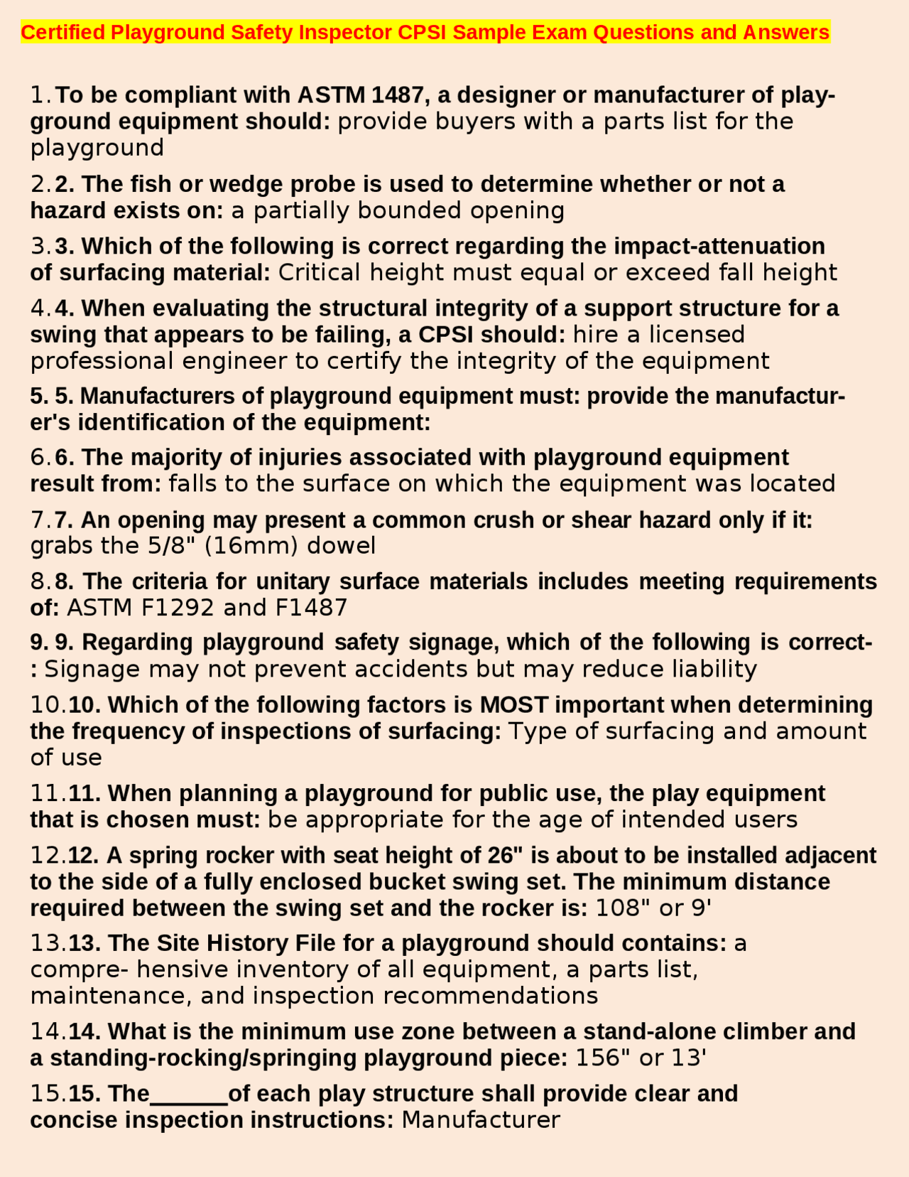 Certified Playground Safety Inspector CPSI Sample Exam Questions and ...